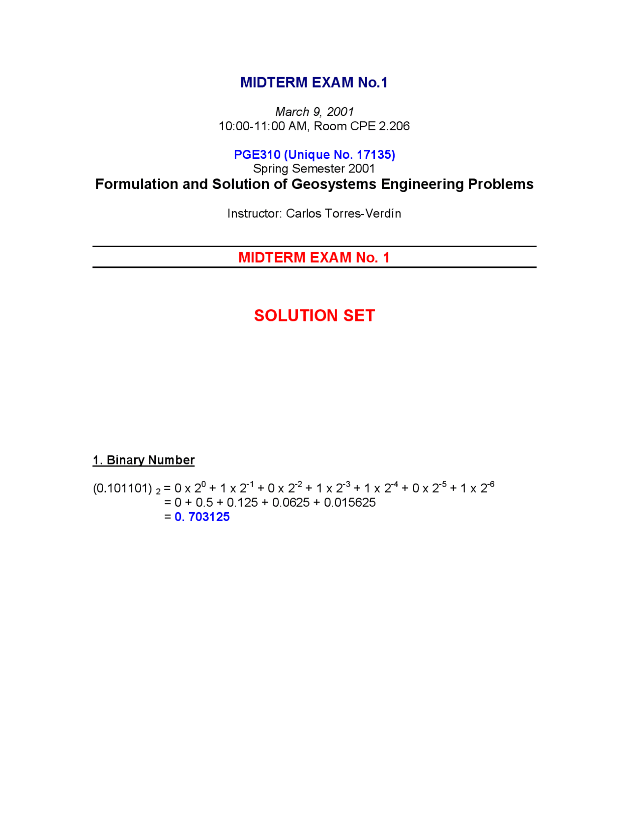 Midterm Exam Solution - Formulation and Solutions of Geosystems | PGE 310 - Docsity