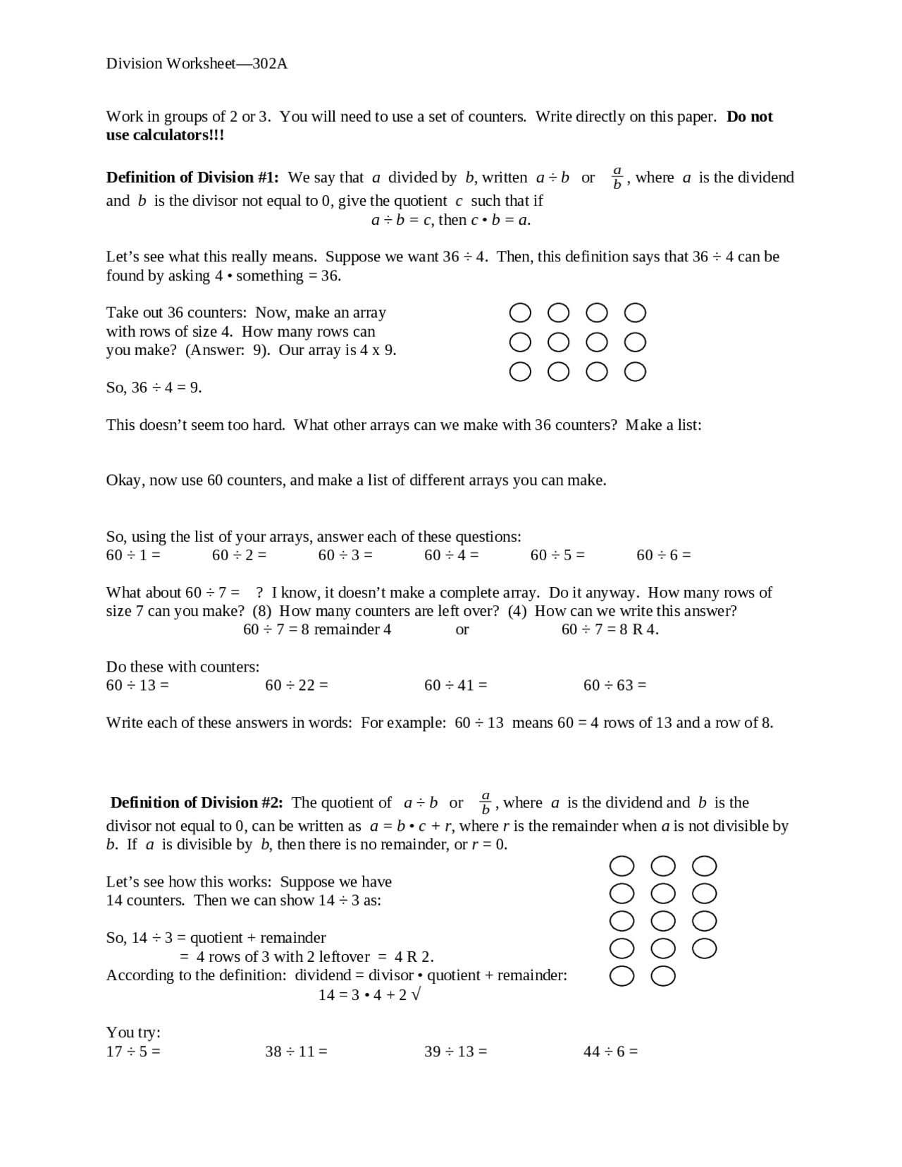 Division Worksheet - Understanding Elementary Mathematics | MATH 302A ...