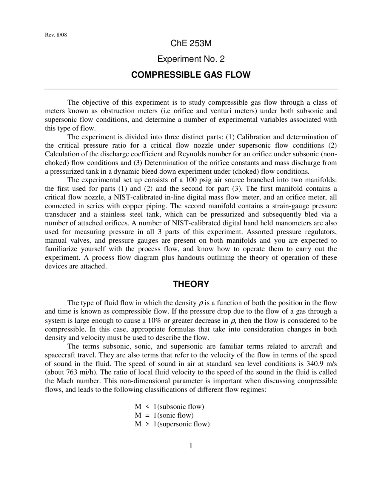 Compressible Gas Flow Experiment 2 Che 253m Docsity
