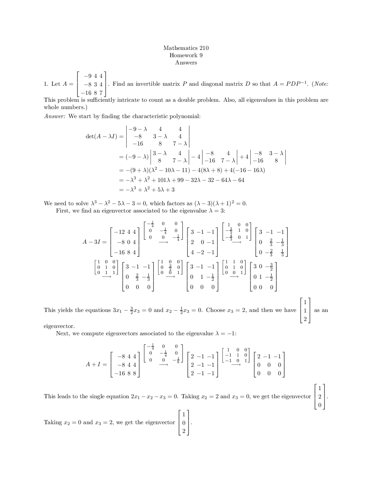 Homework 9 Solutions Linear Algebra Mt 210 Docsity