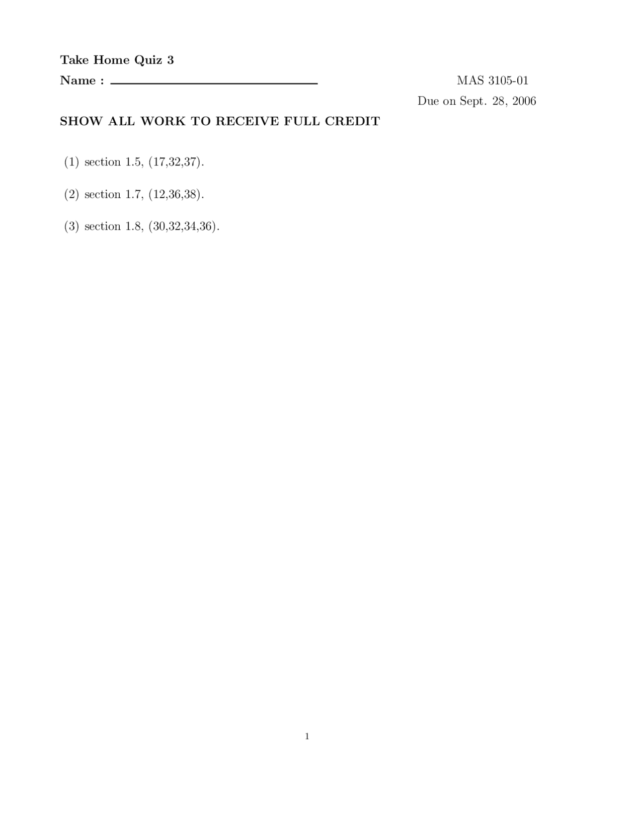 Applied Linear Algebra I Quiz 3 Mas 3105 Docsity