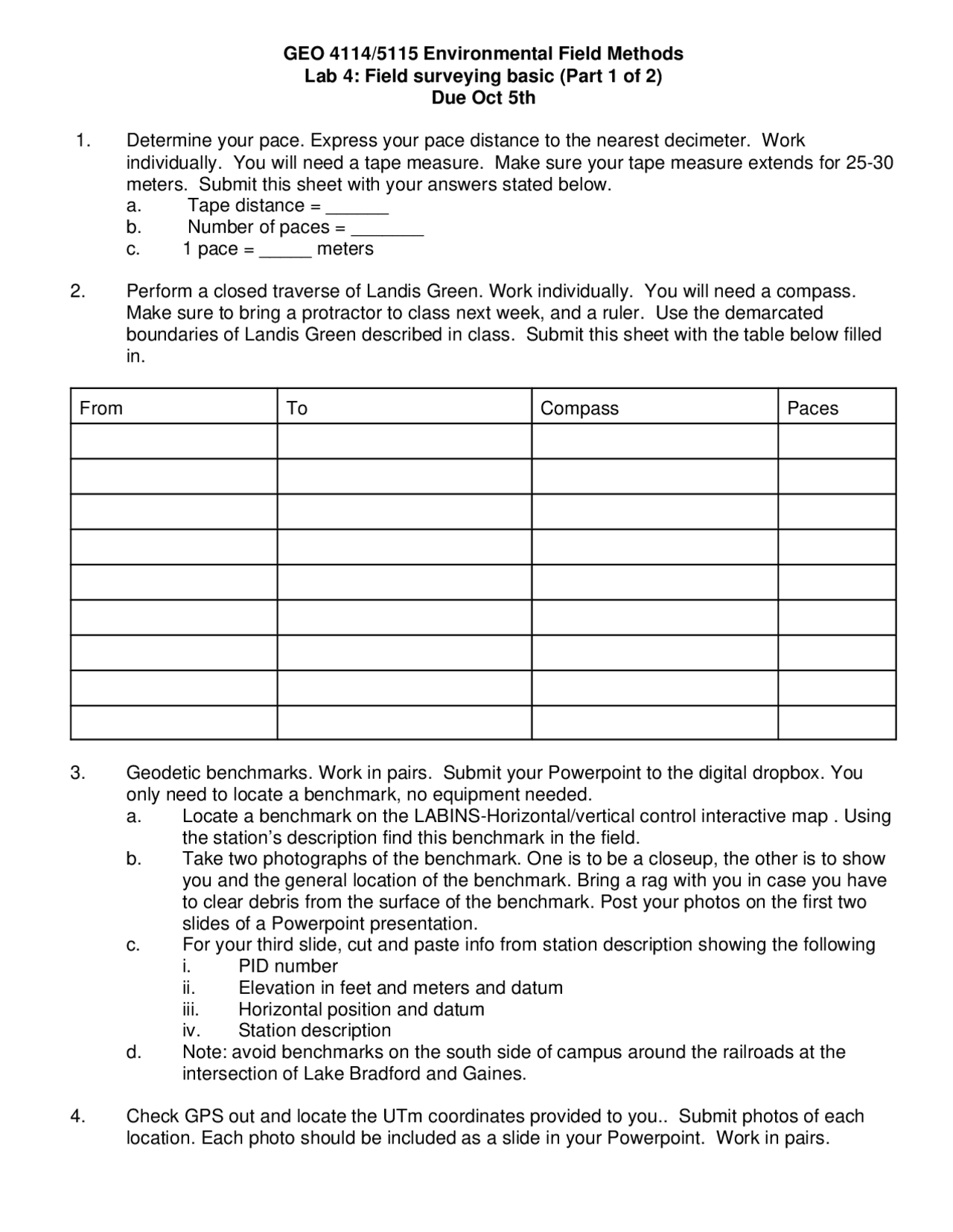 Field Methods Lab 4: Pace, Traverse, and Benchmarks - Prof. Jon A ...
