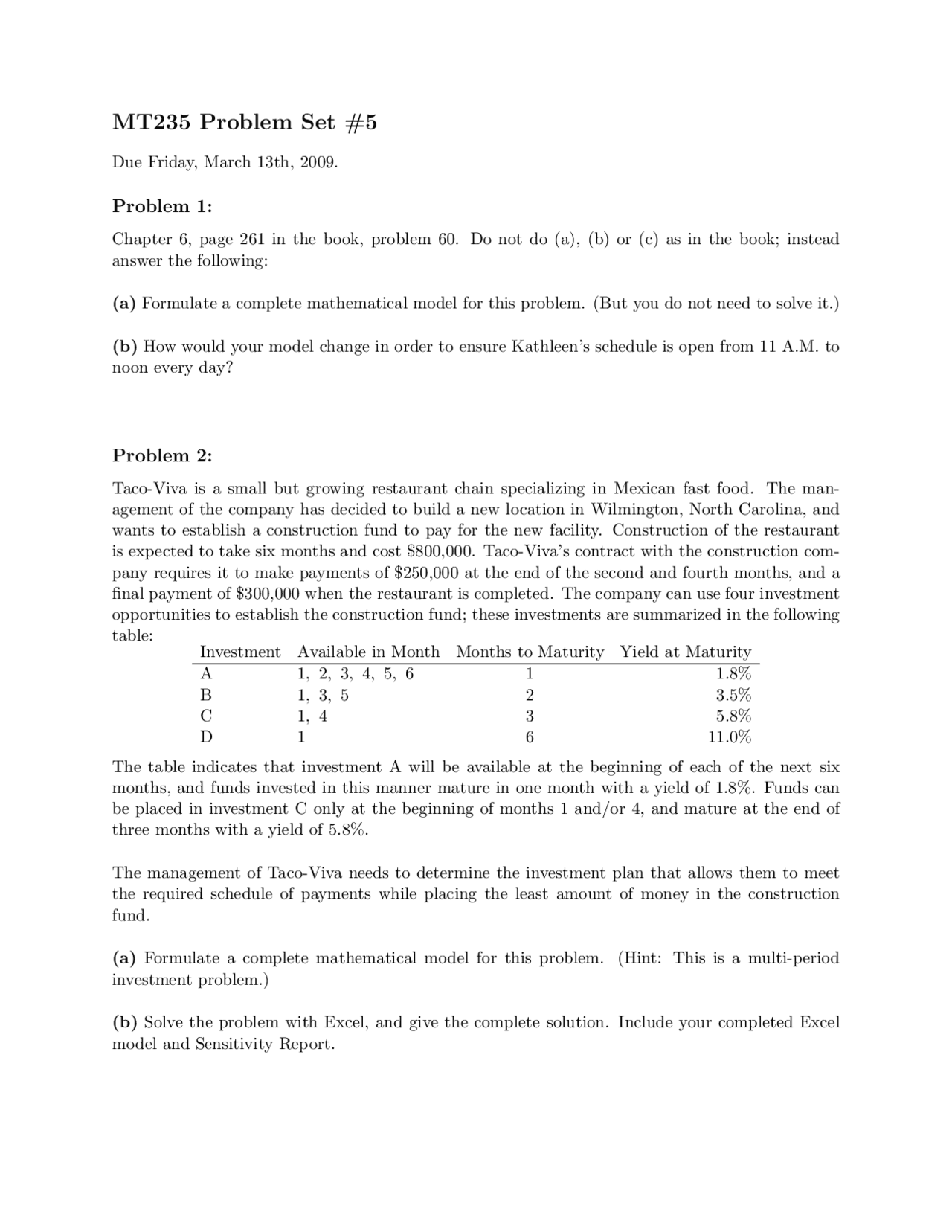 Practice Problem Set 5 - Mathematics for Management Science | MT 235 - Docsity