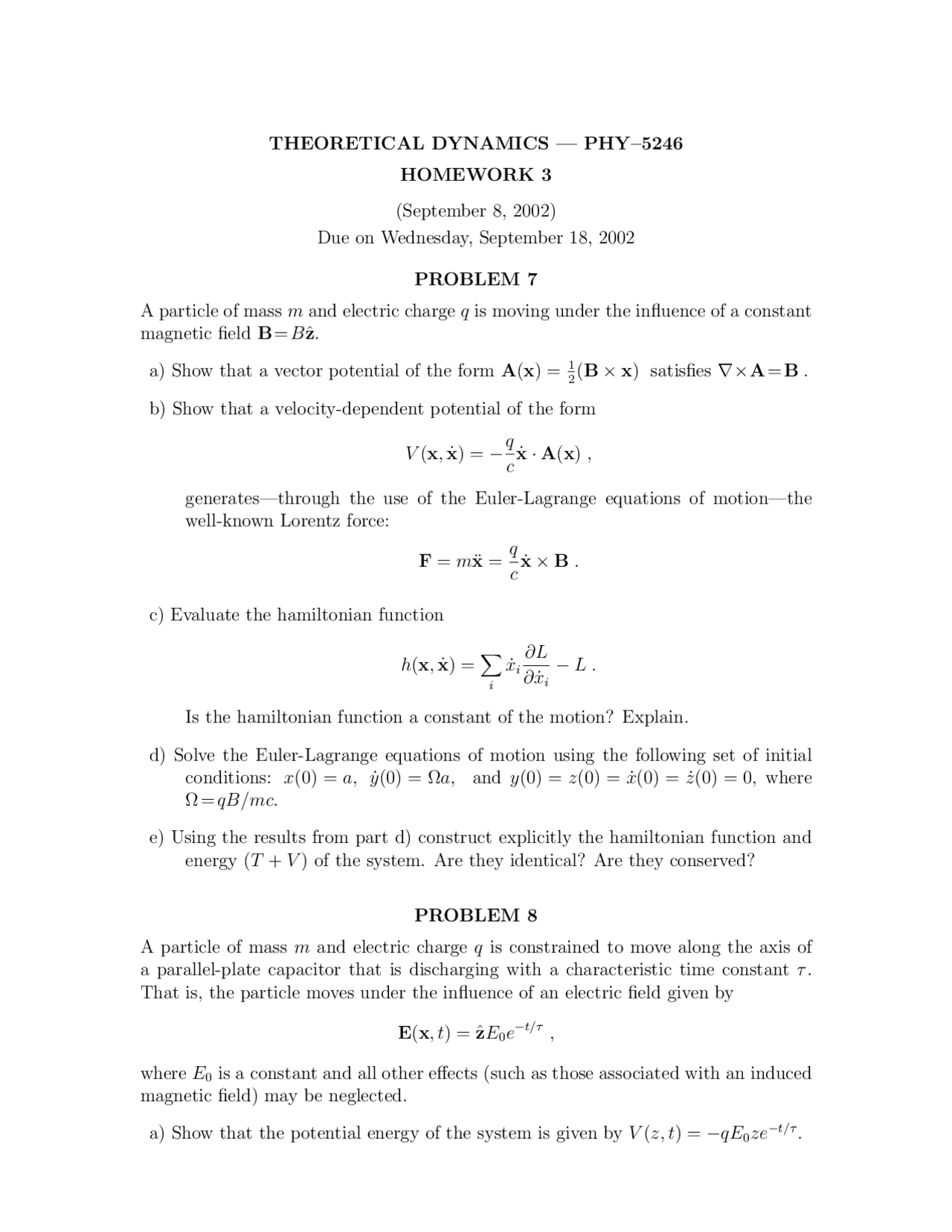 Theoretical Dynamics Homework 3 Practice Problems Phy 5246 Docsity