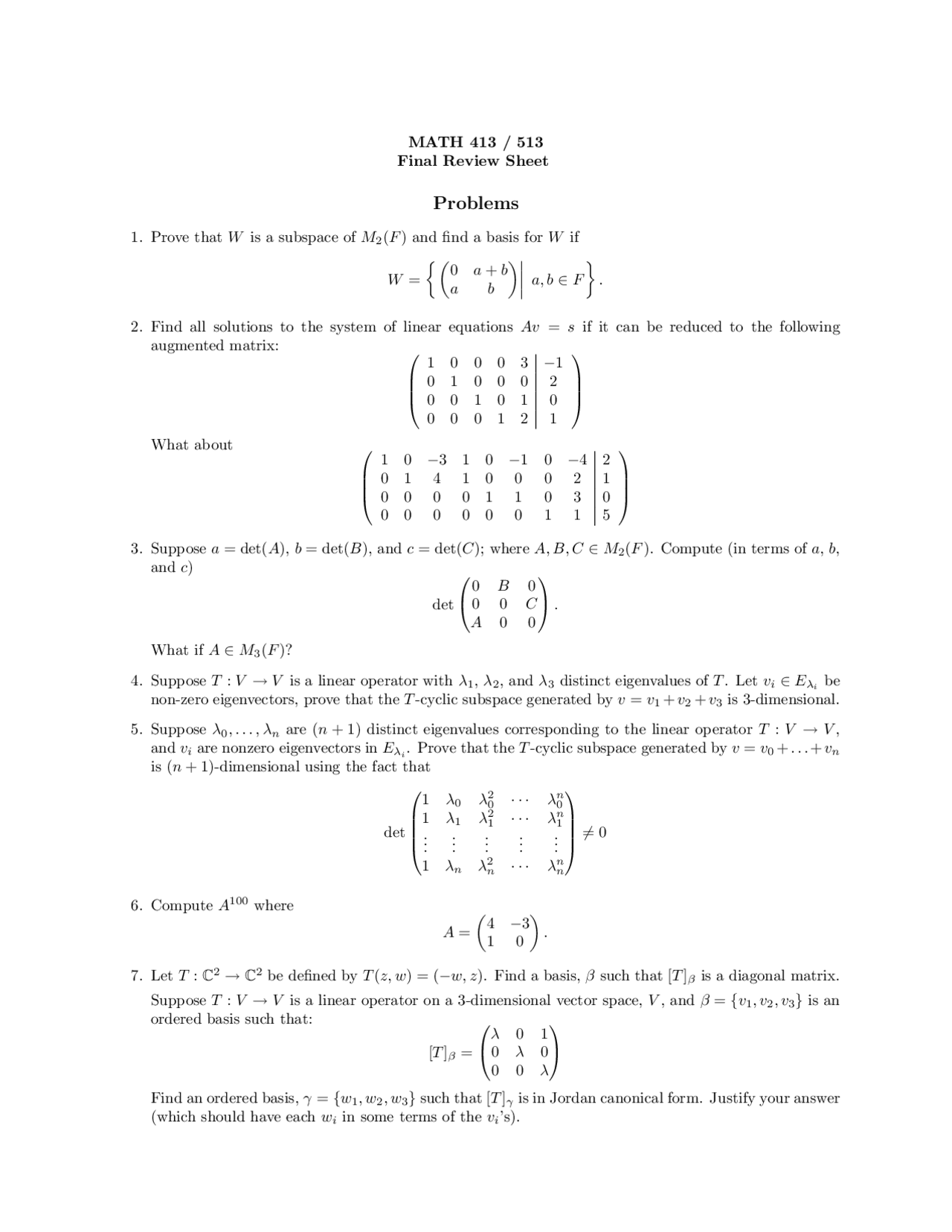 Final Exam Review Sheet Linear Algebra Math 413 Docsity