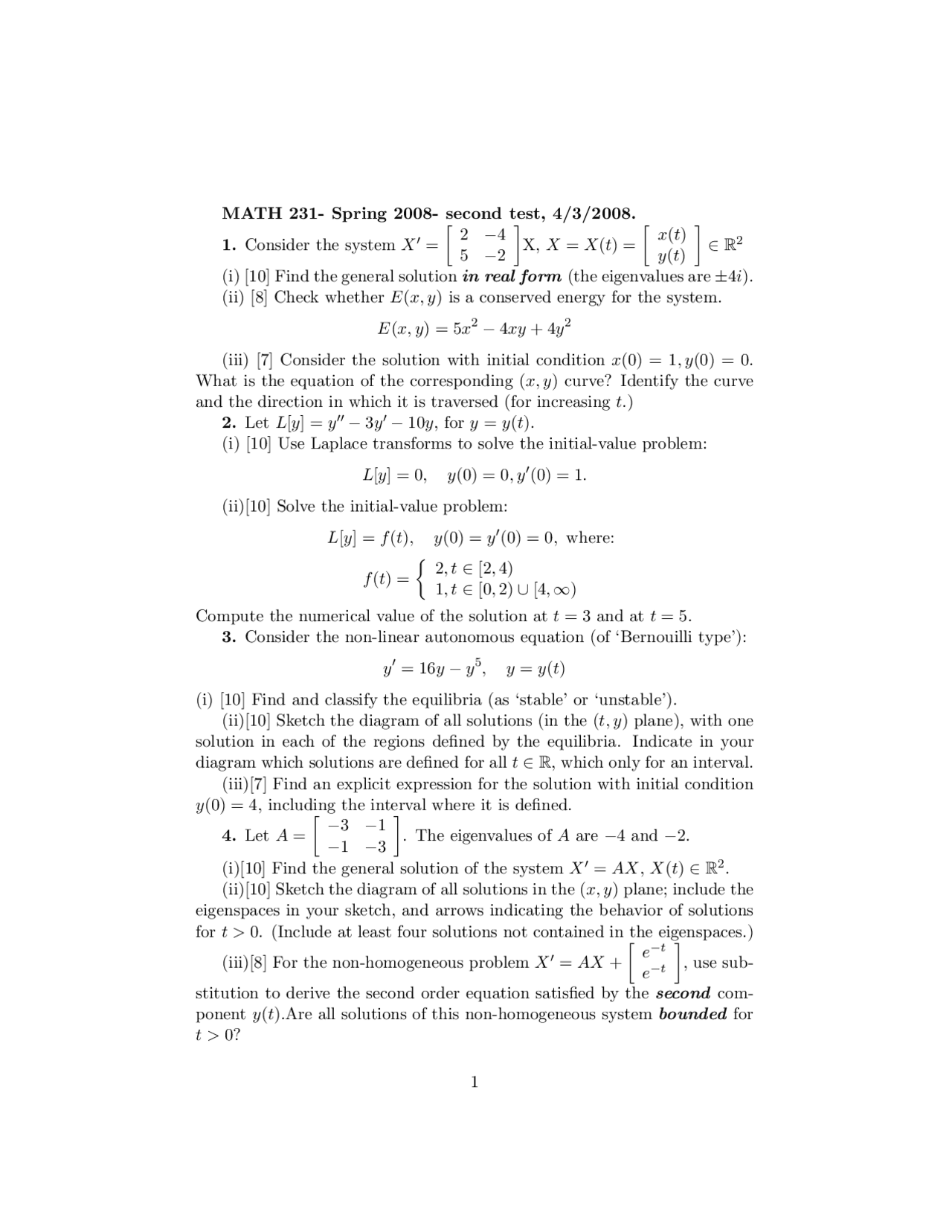 4 Questions Of Differential Equations I Exam 4 Math 231 Docsity
