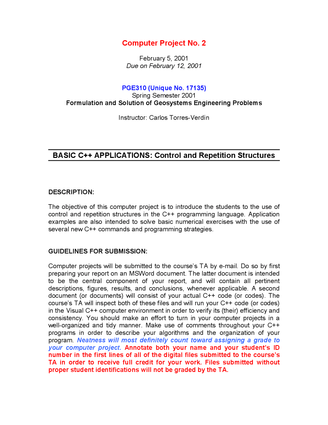 Basic C++ Application: Control and Repetition Structures | PGE 310 | Study Guides, Projects ...