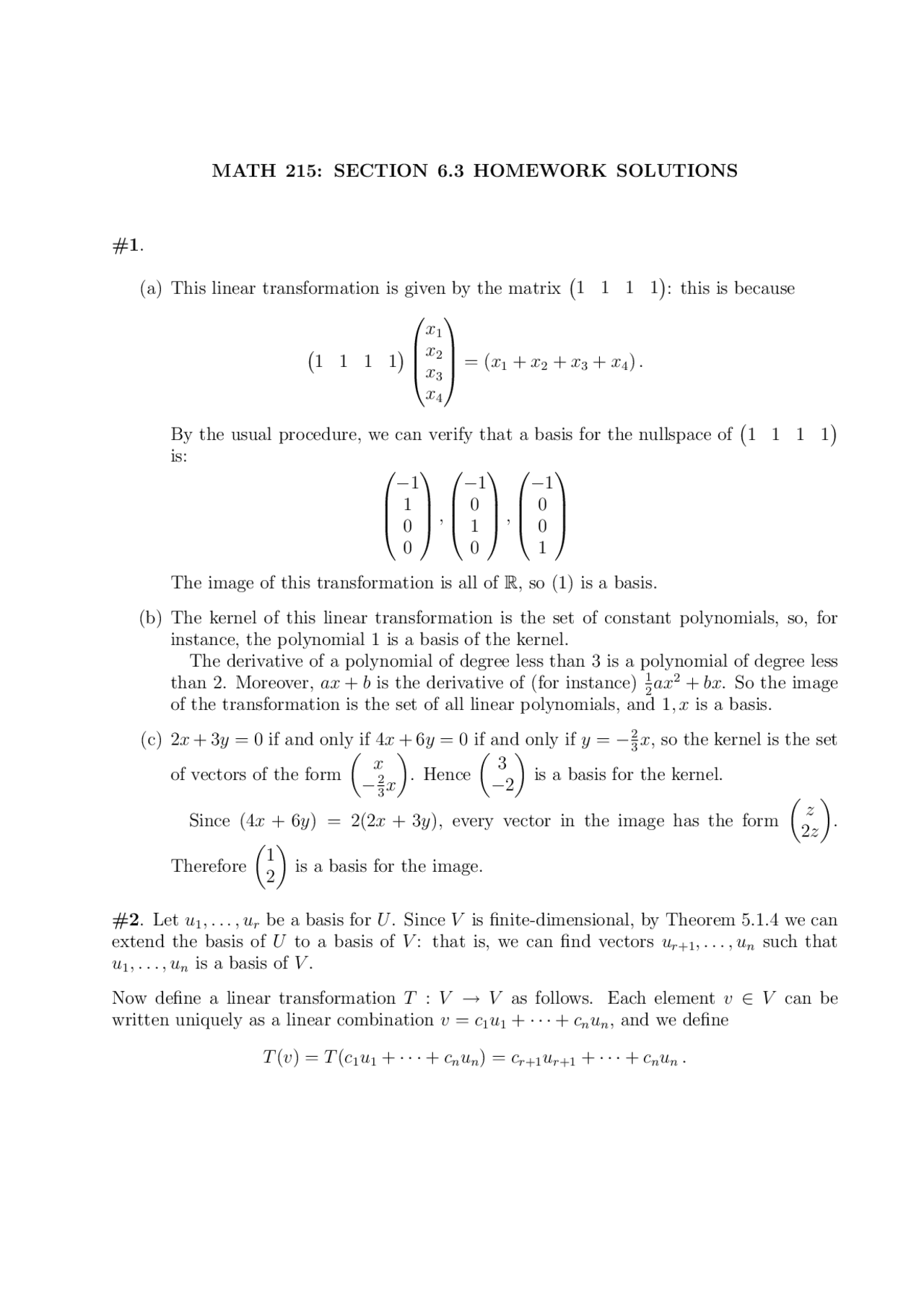 Homework Solutions Introduction To Linear Algebra Math 215 Docsity