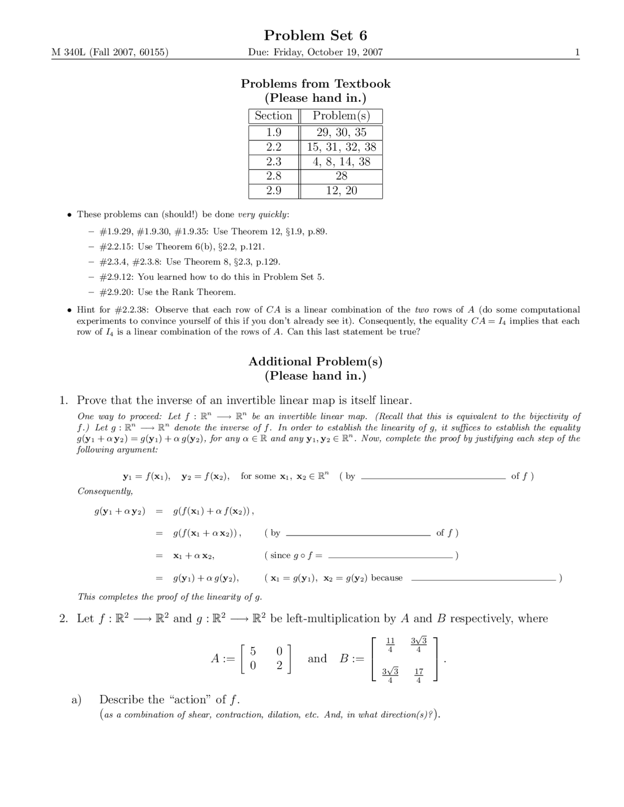 Problem Set 6 - Matrices and Matrix Calculations | M 340L - Docsity