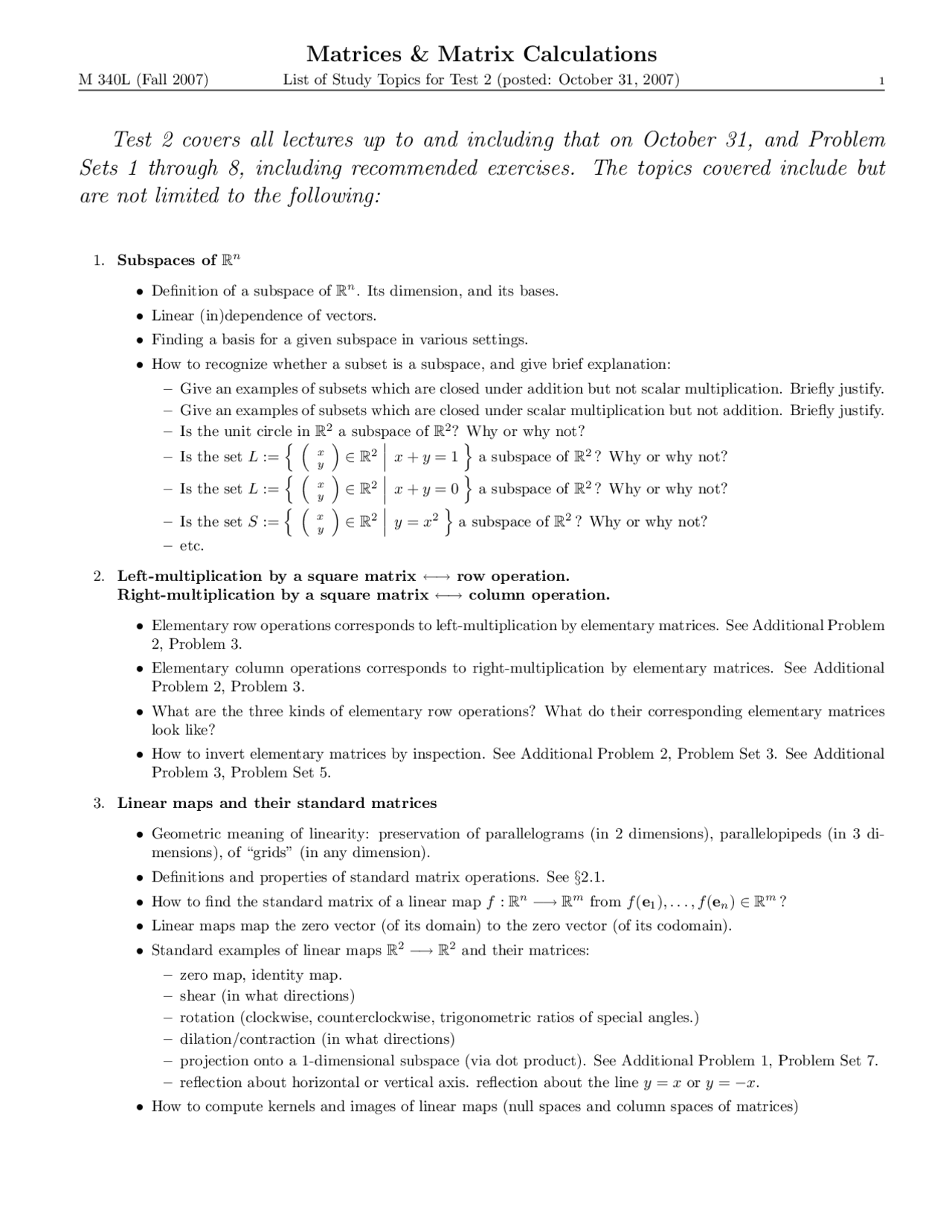 Matrices And Matrix Calculations Exam 2 Fall 2007 M 340l Docsity