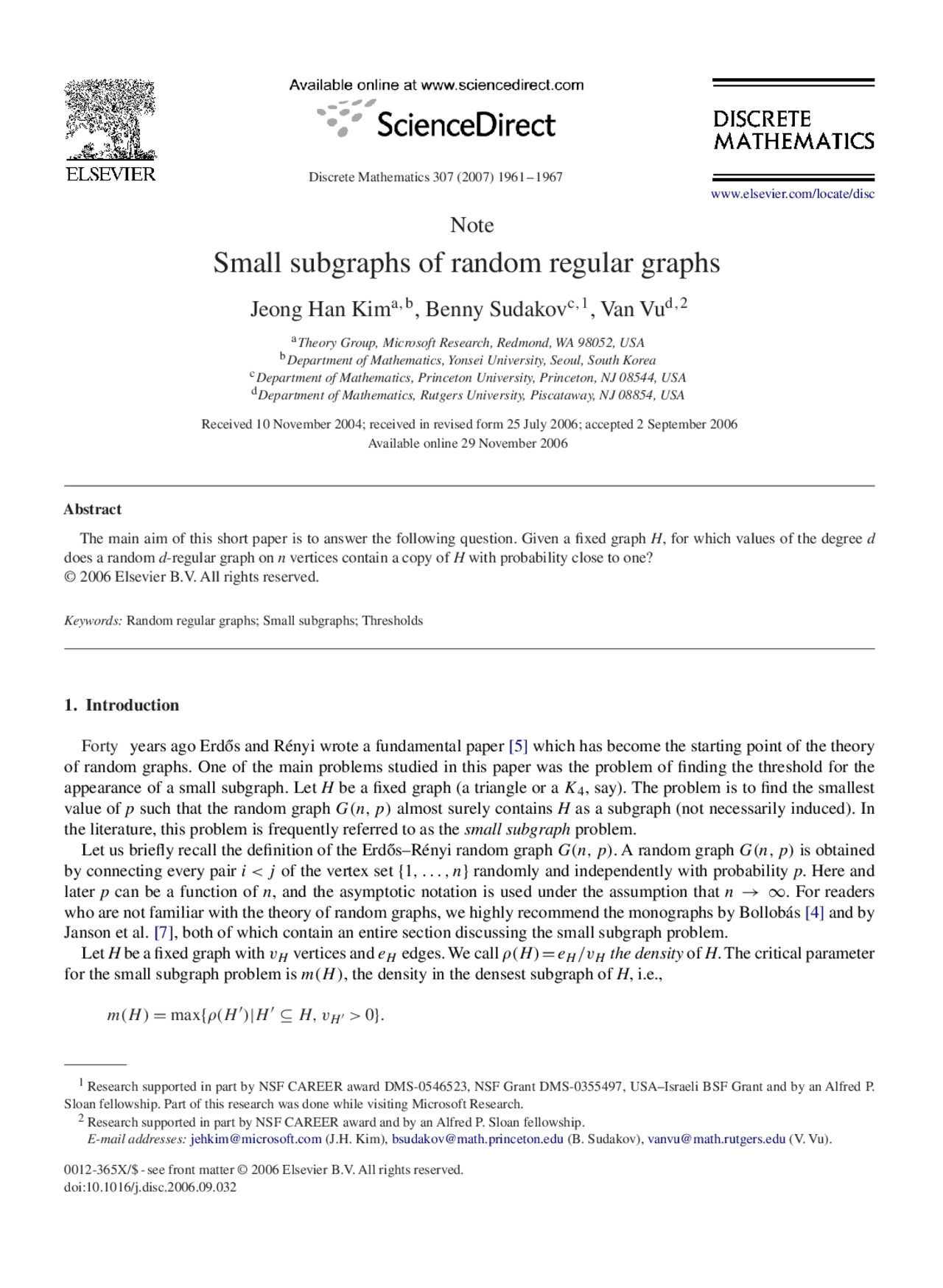 Lecture Notes On Small Subgraphs Of Random Regular Graphs Korea 0105a