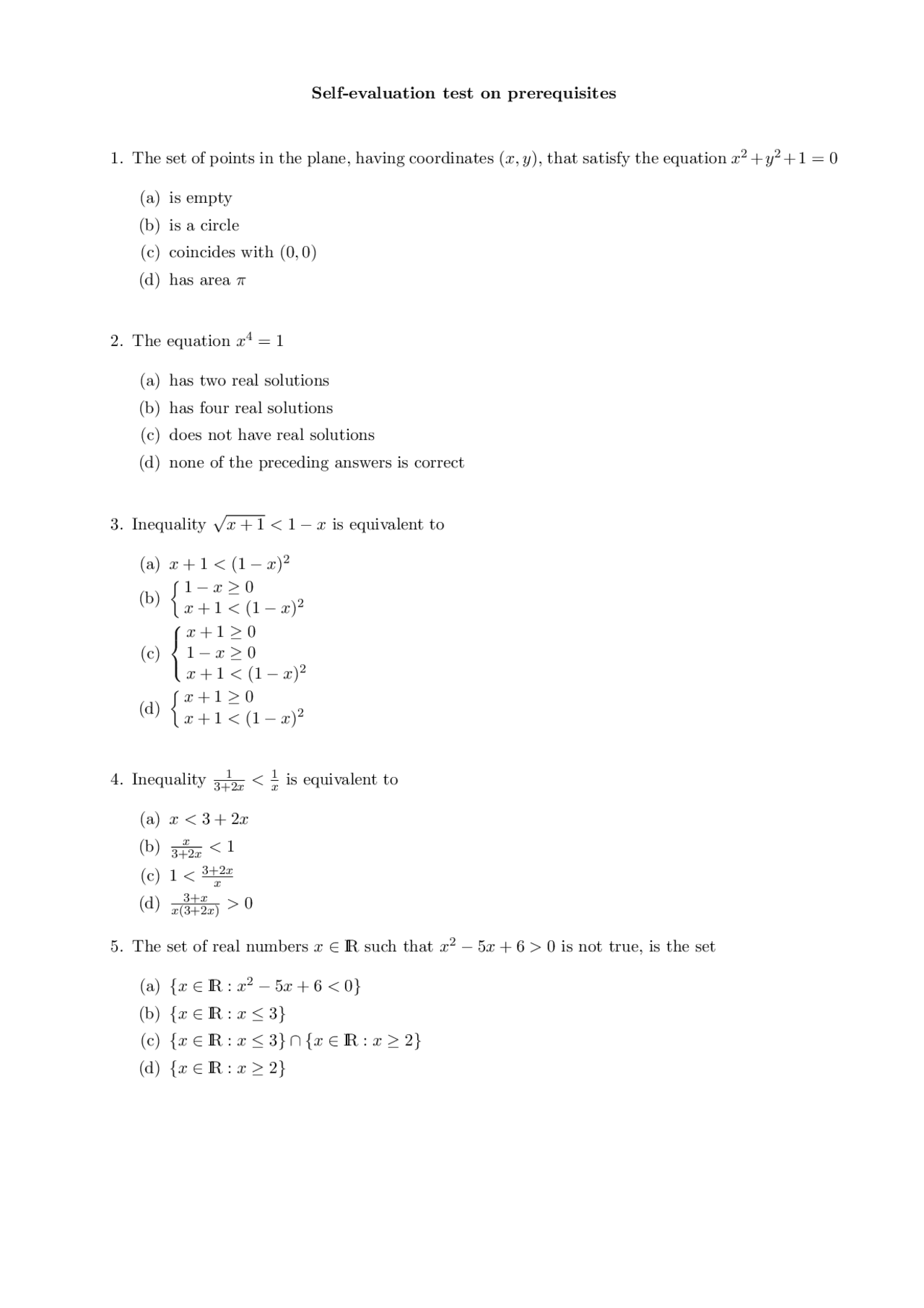 Mathematical Analysis Self Evaluation Test Docsity