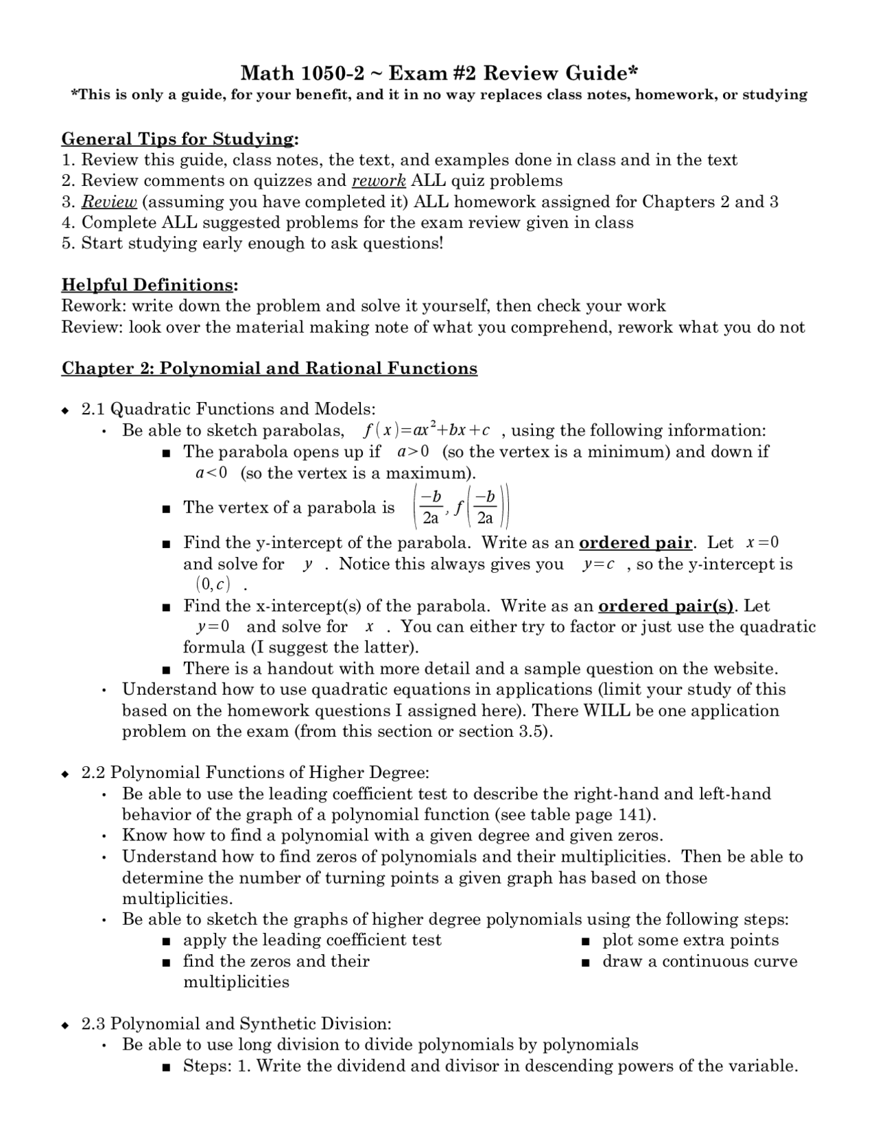 Review Guide Exam 3 College Algebra Math 1050 Exams Mathematics
