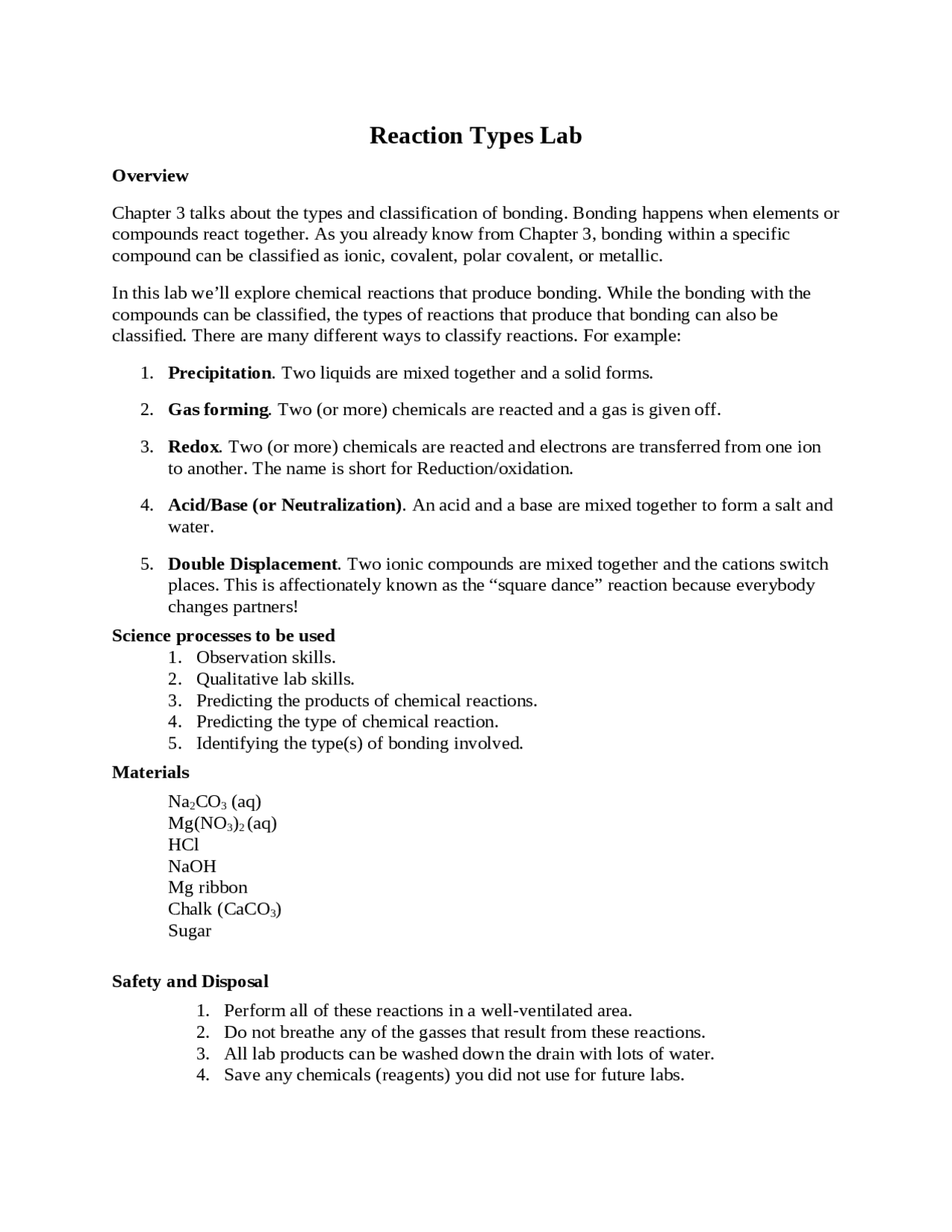 Reaction Types Lab - Chemistry in Context I | CHEM 105 - Docsity