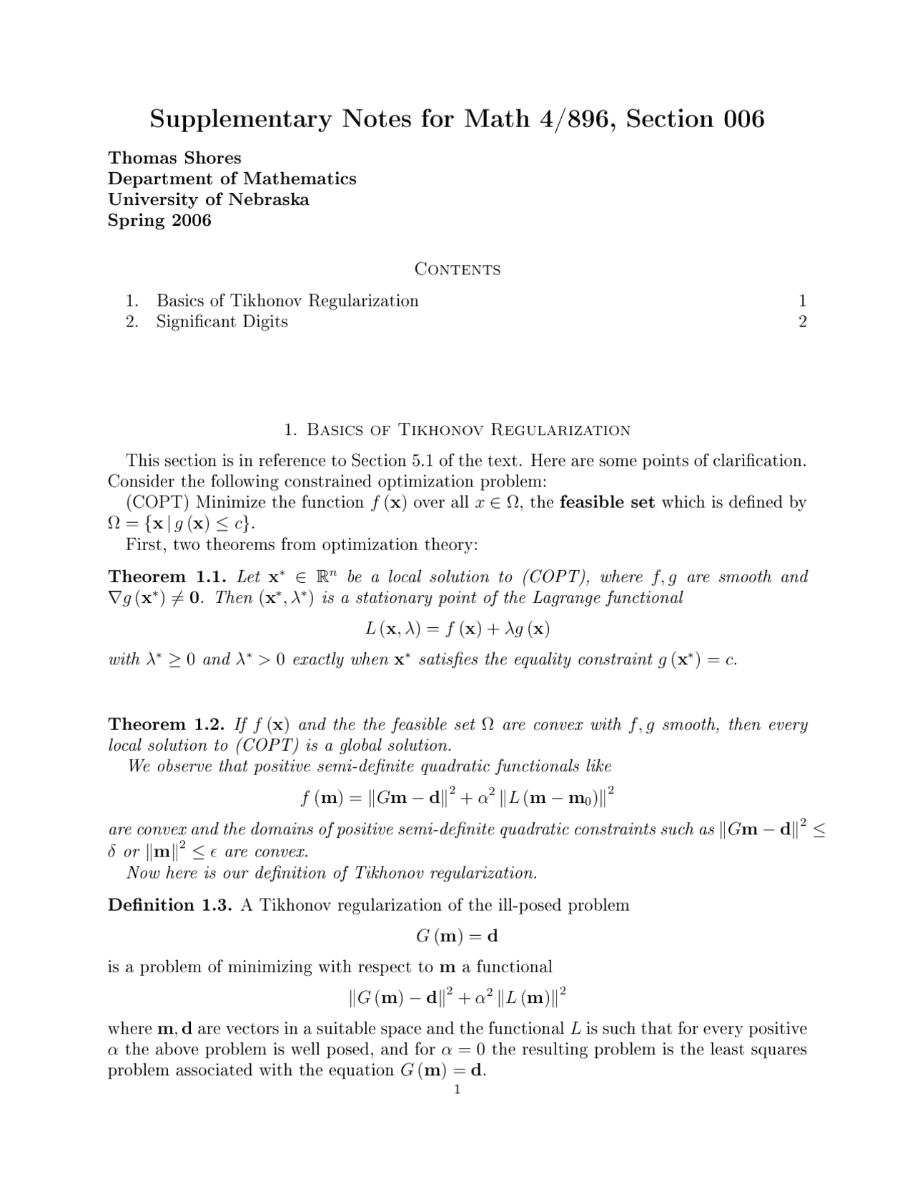 Notes on Basics of Tikhonov Regularization | MATH 496 - Docsity