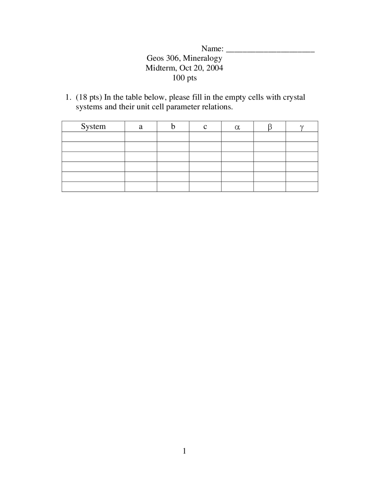 Midterm Exam With 9 Questions For Mineralogy Geos 306 Docsity