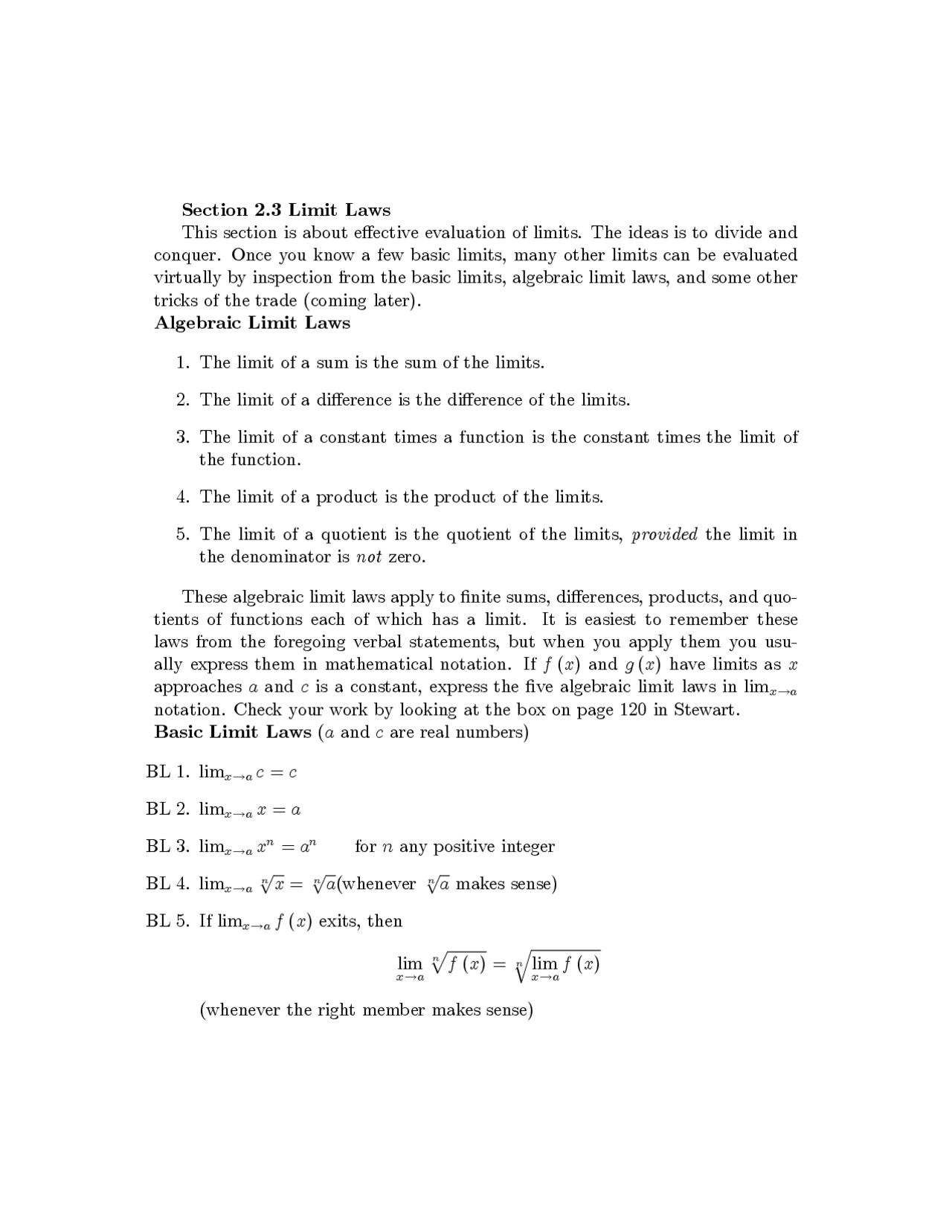Limit Laws for Effective Evaluation: Algebraic Limit Laws and Basic ...
