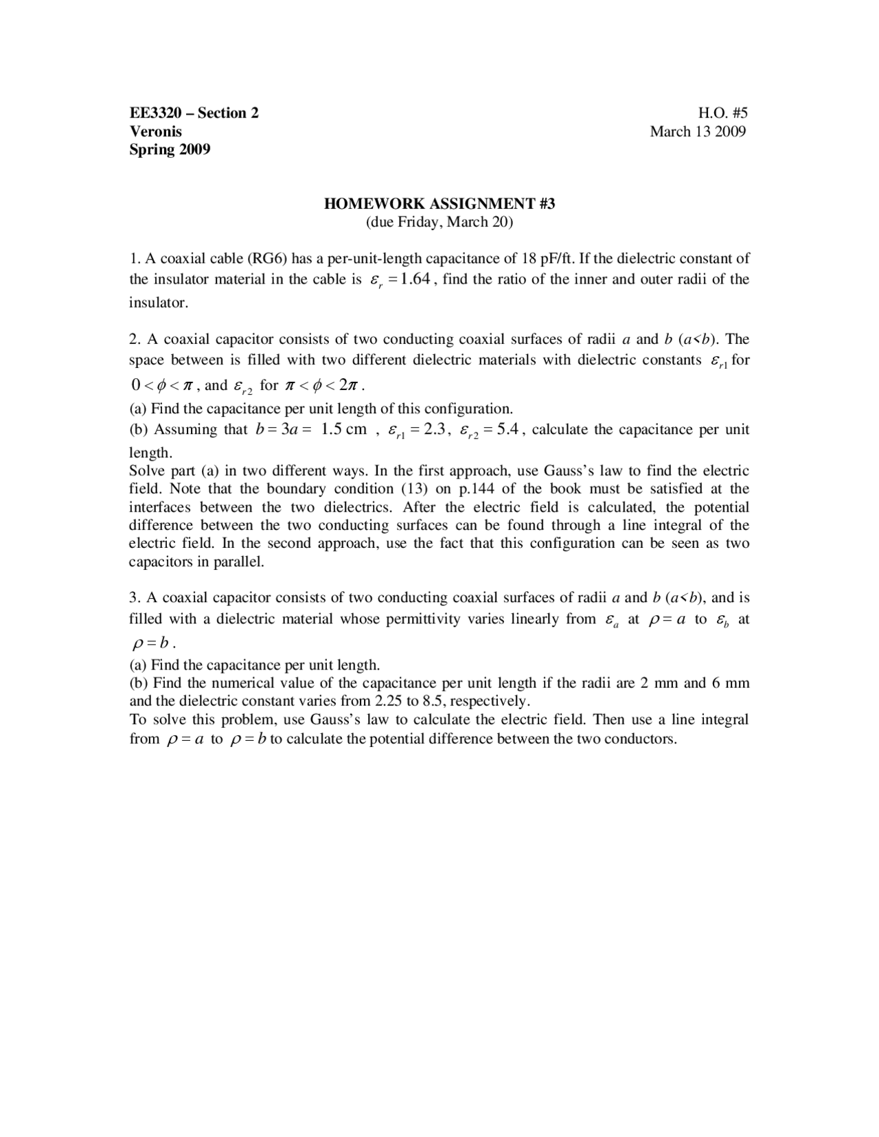 Problem Set 3 For Electromagnetic Fields Ee 3320 Docsity