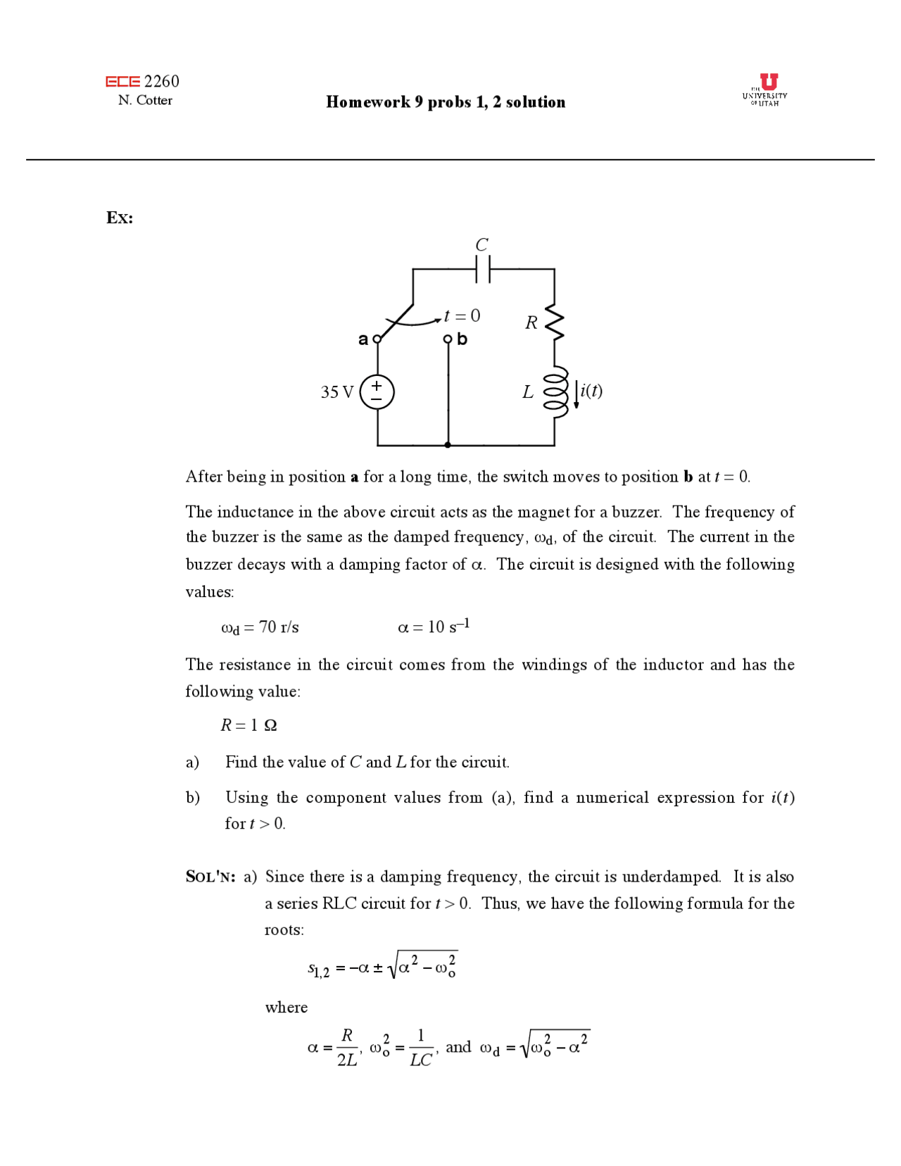 Solution to Homework Problem of an Underdamped RLC Circuit - Prof. N. E. Cotter | Assignments ...