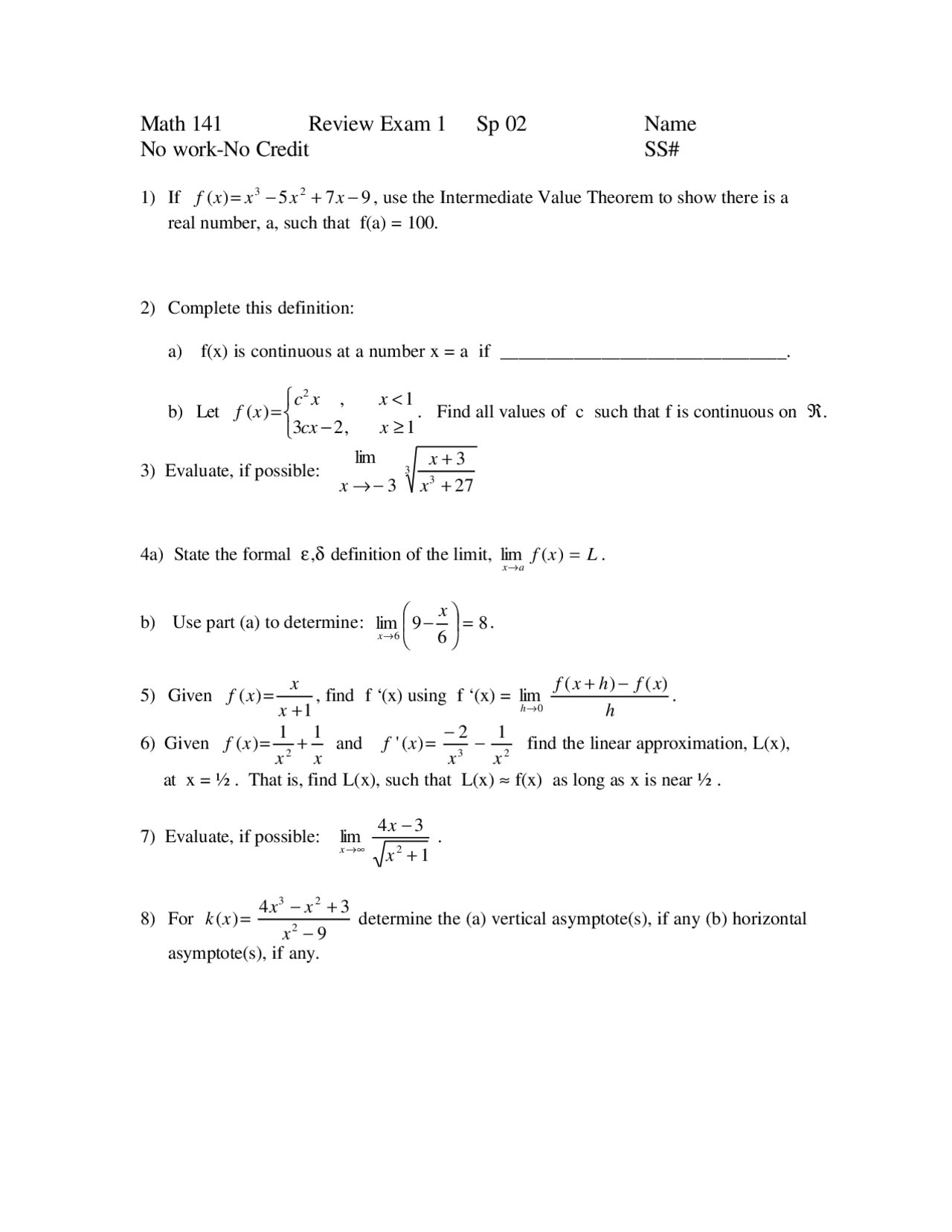 Review Exam 1 - Spring 2002 | Calculus I | MATH 141 - Docsity
