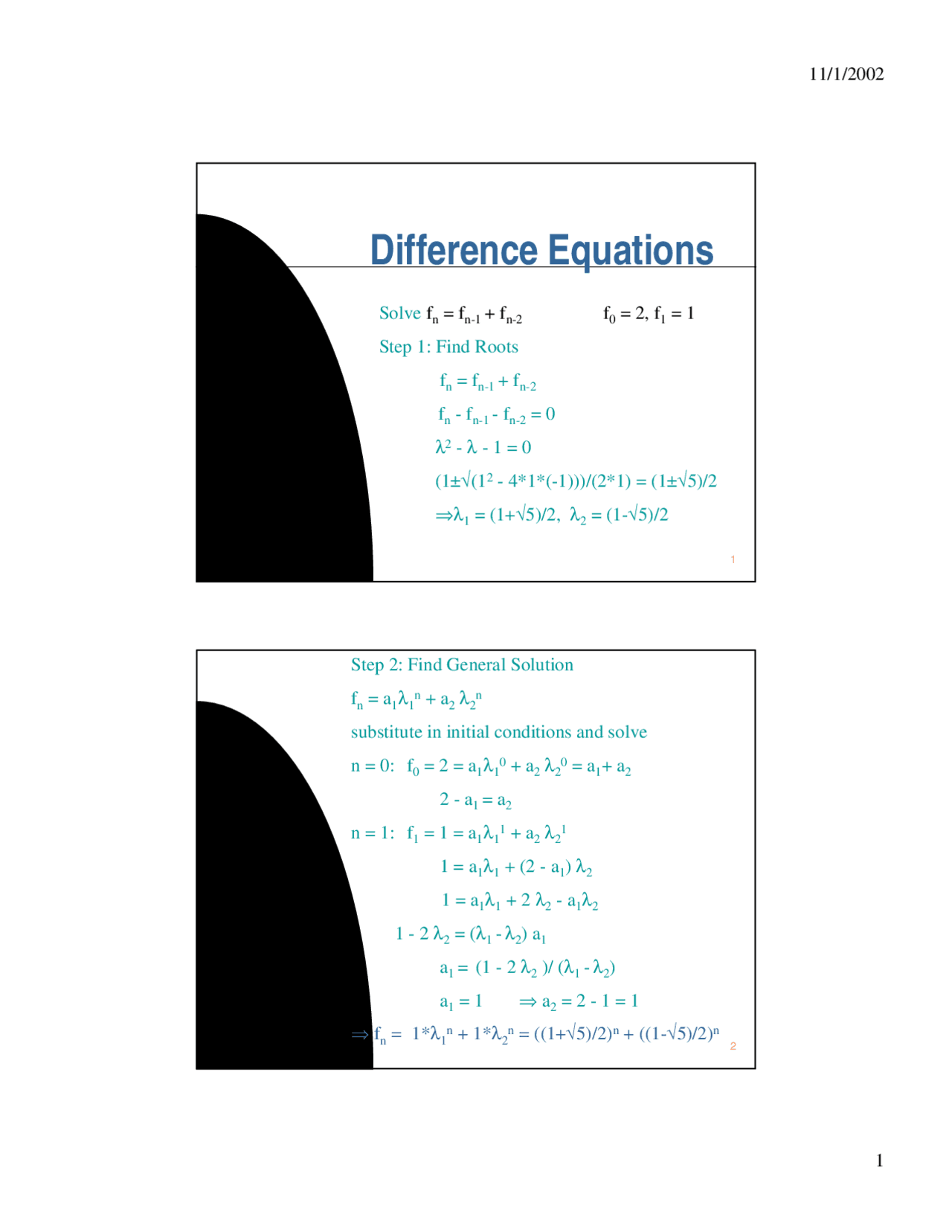Difference Equations - Analysis of Algorithms - Lecture Slides | CS 325 - Docsity