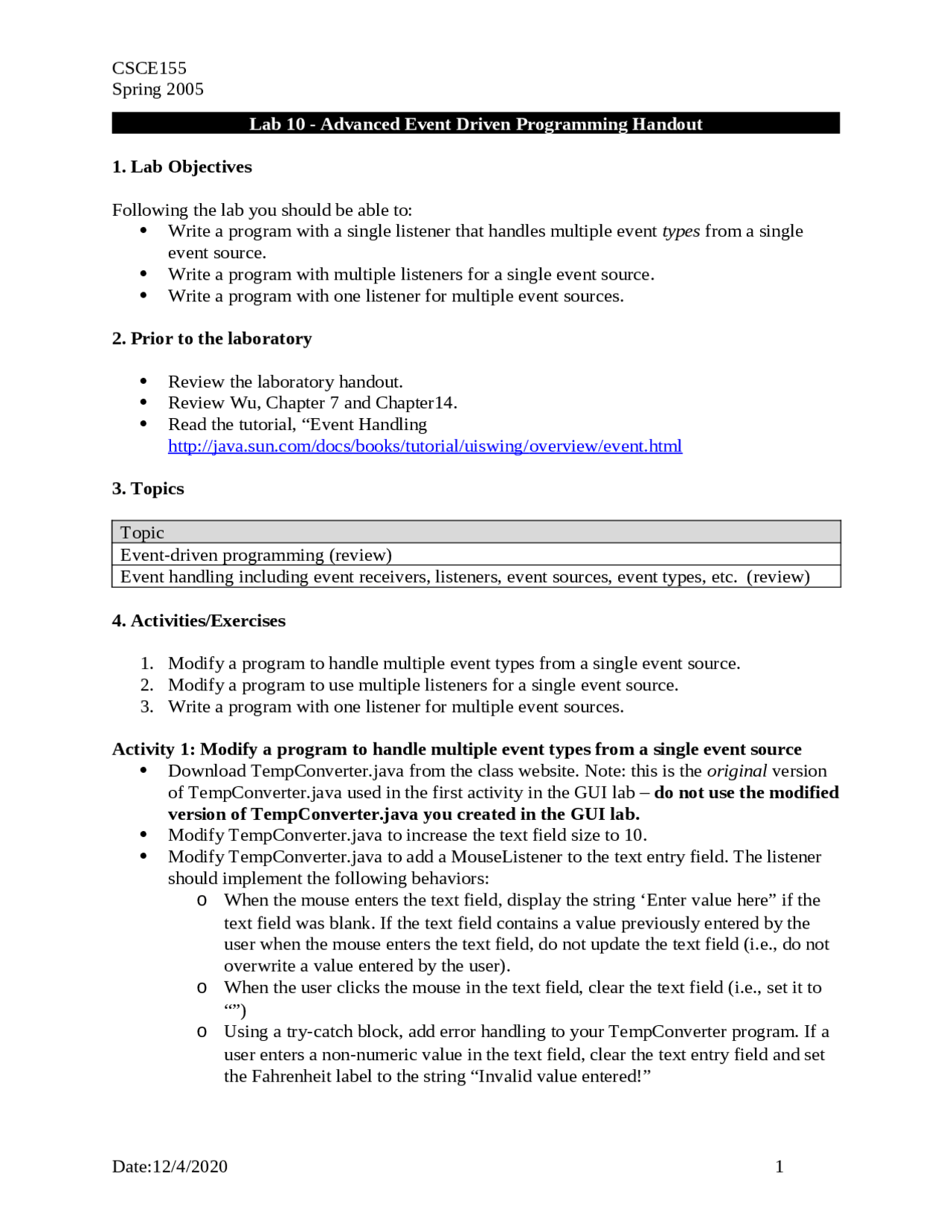 Advance Event Driven Programming Handout Lab 10 Csce 155 Docsity