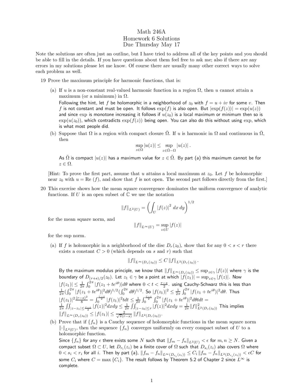 Homework 6 Solution Complex Analysis Math 246a Docsity