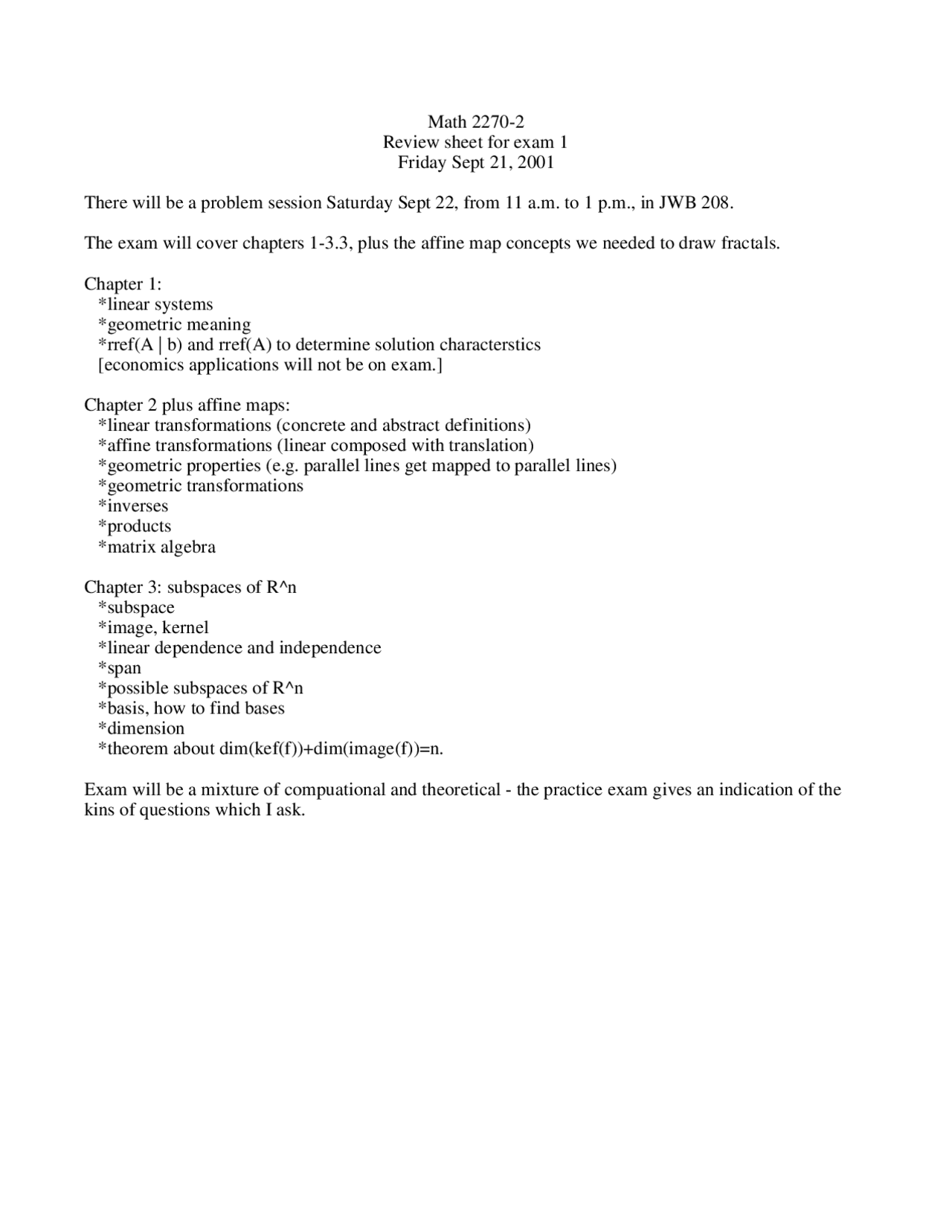 Linear Algebra Review Sheet For Examination 1 Math 2270 Docsity