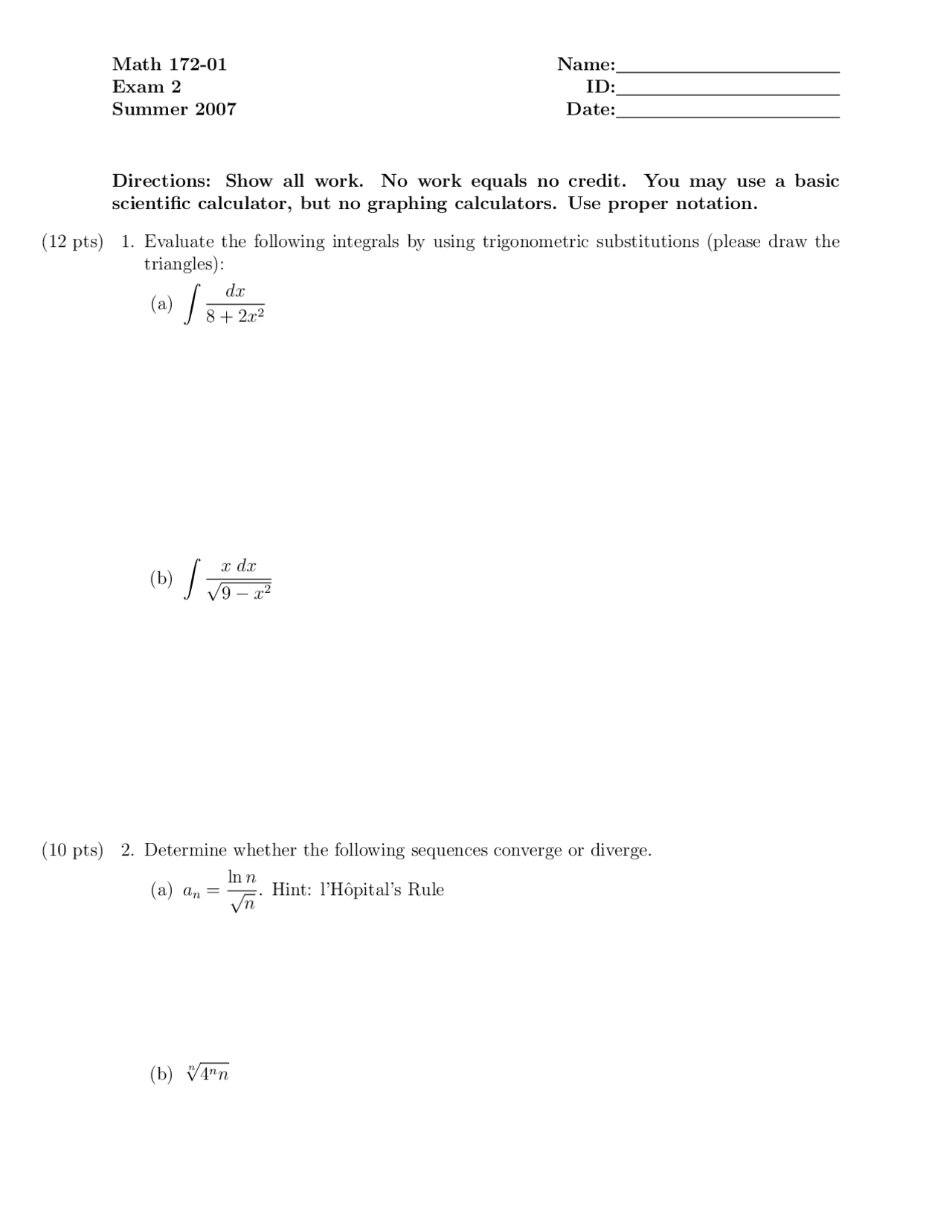 Exam 2 for Calculus II - Summer 2007 | Math 172 - Docsity