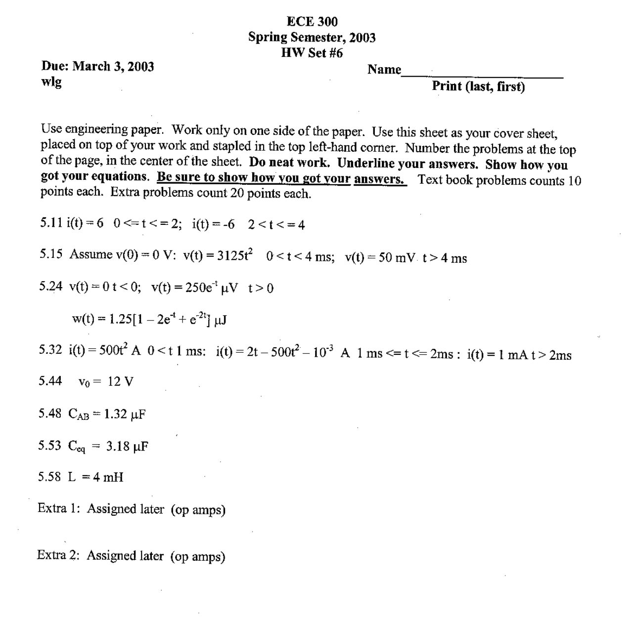 Questions For Assignment 6 Circuits Ece 300 Docsity