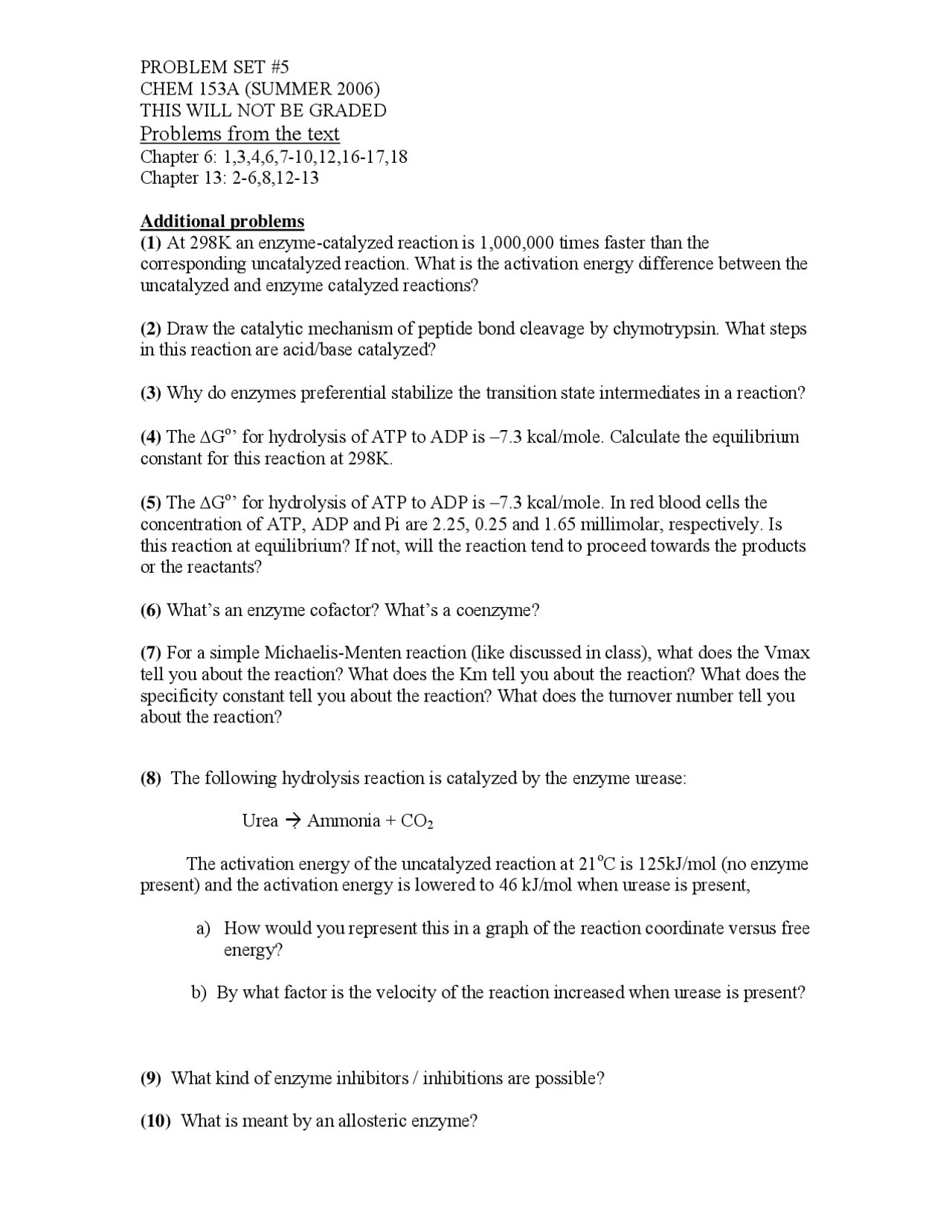 Practice Problem Set 5 Biochemistry Chem 153a Docsity