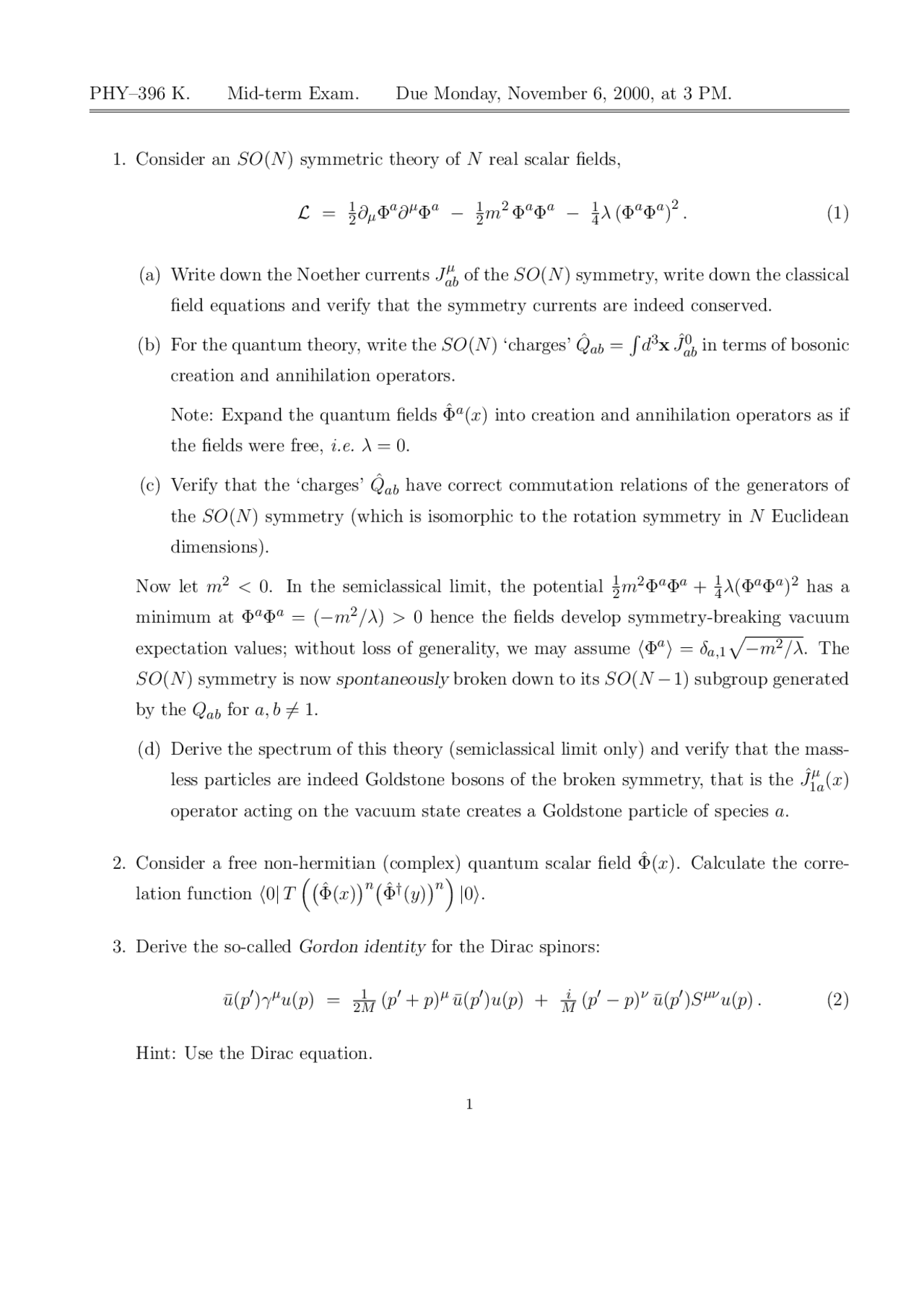 3 Questions for Answer Midterm Exam - Quantum Field Theory | PHY 396K - Docsity