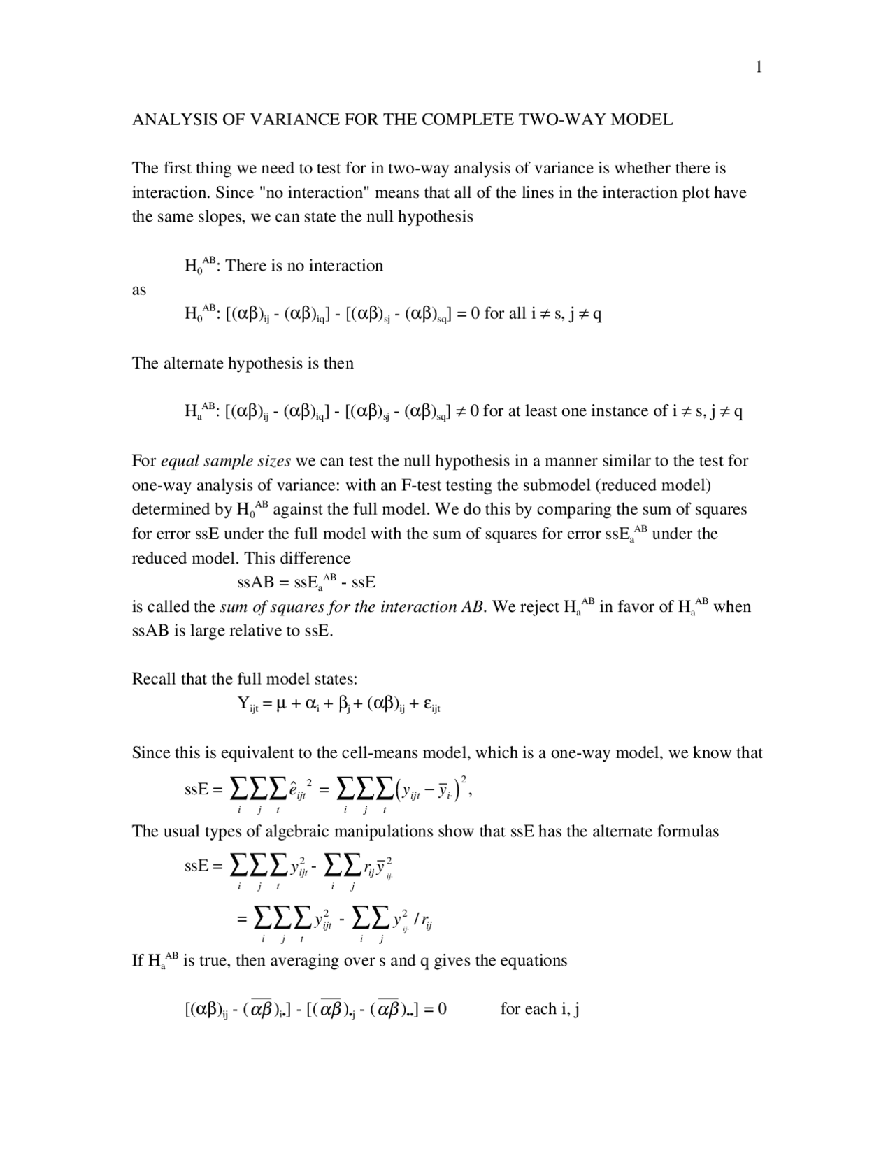 Analysis Of Variance For The Complete Two Way Model Notes F A 1