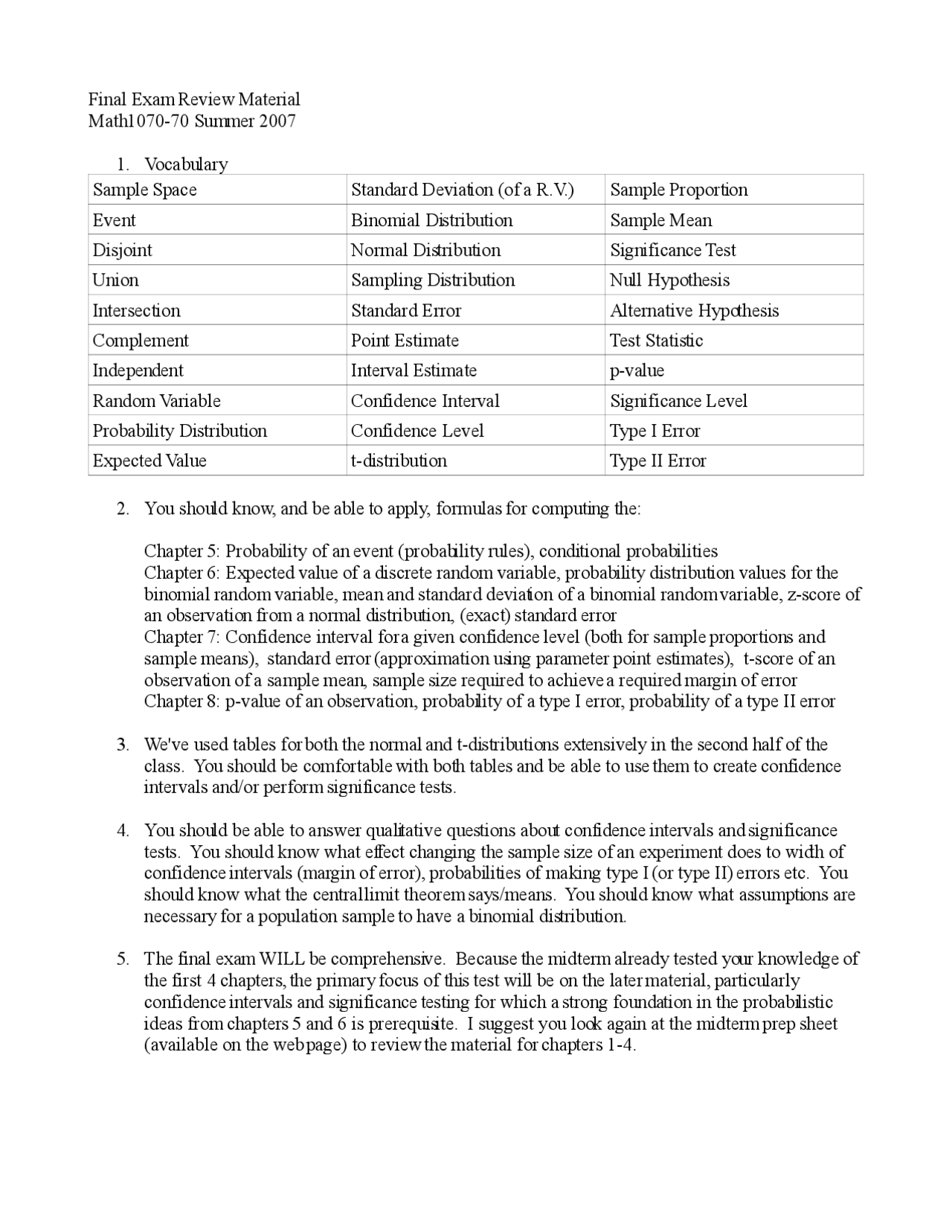 Final Exam Review Material Introduction To Statistics Inference