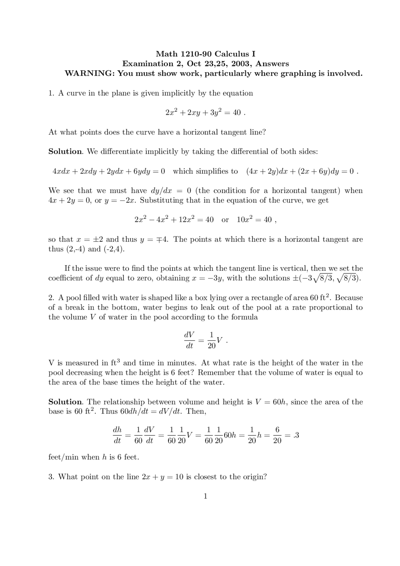 Old Examination 2 With Answers Calculus I Math 1210 Docsity