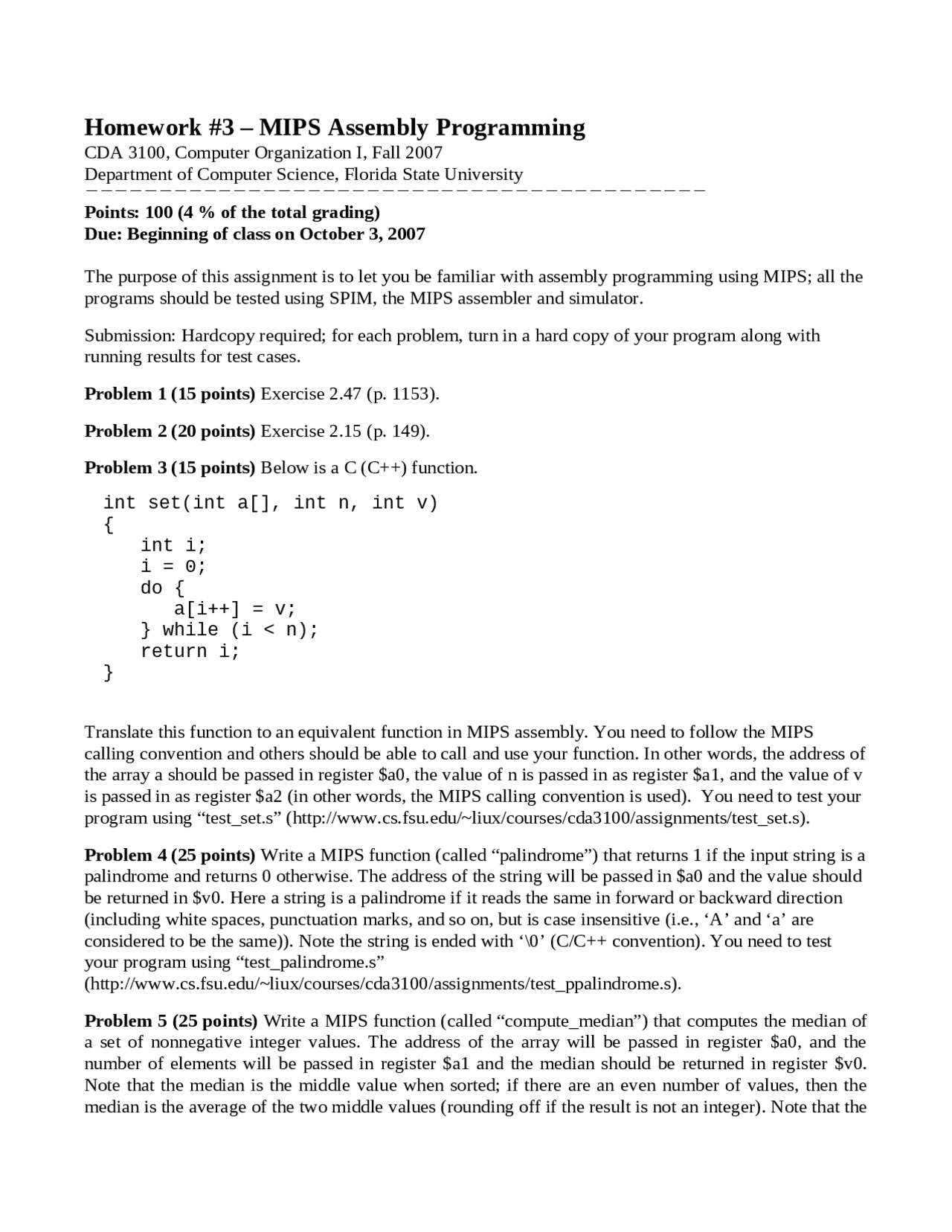 MIPS Assembly Programming Homework for Computer Organization I at Florida State University ...