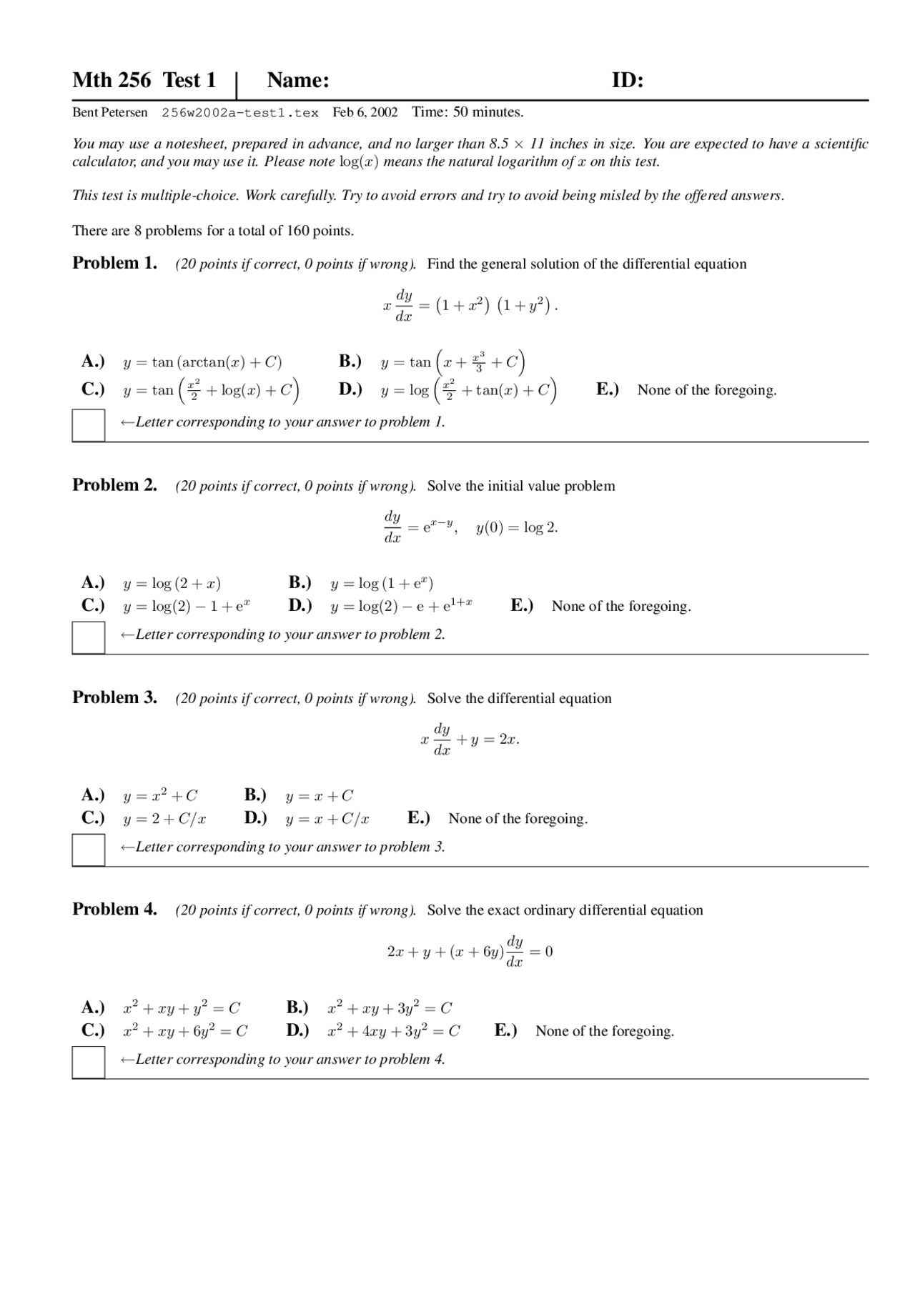 8 Problems On Applied Differential Equations Exam 1 Mth 256 Docsity