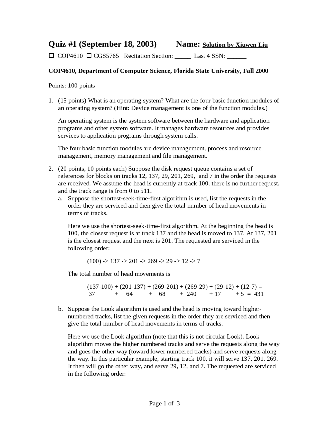 Quiz 1 With Solution For Operating Systems Cop 4610 Docsity