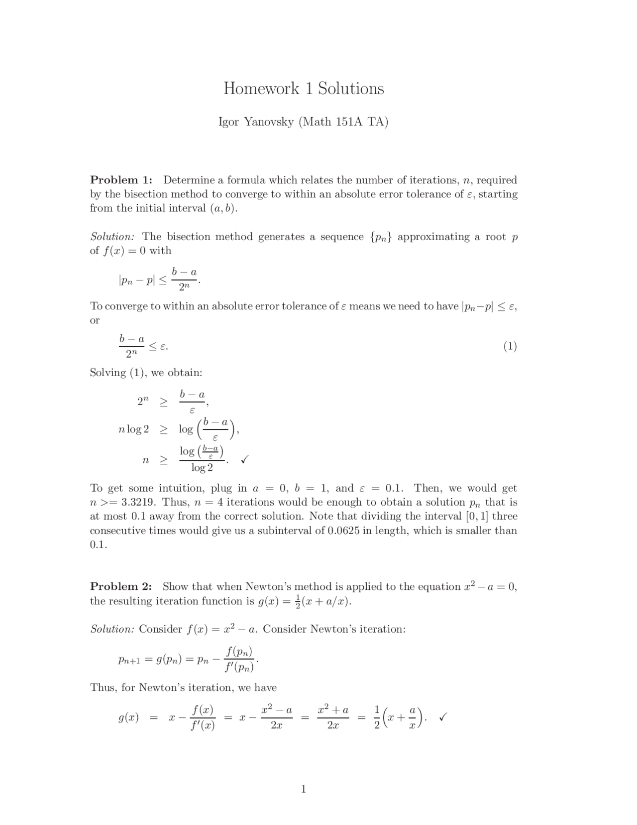 Problem Set 1 Solutions Applied Numerical Methods Math 151a Docsity