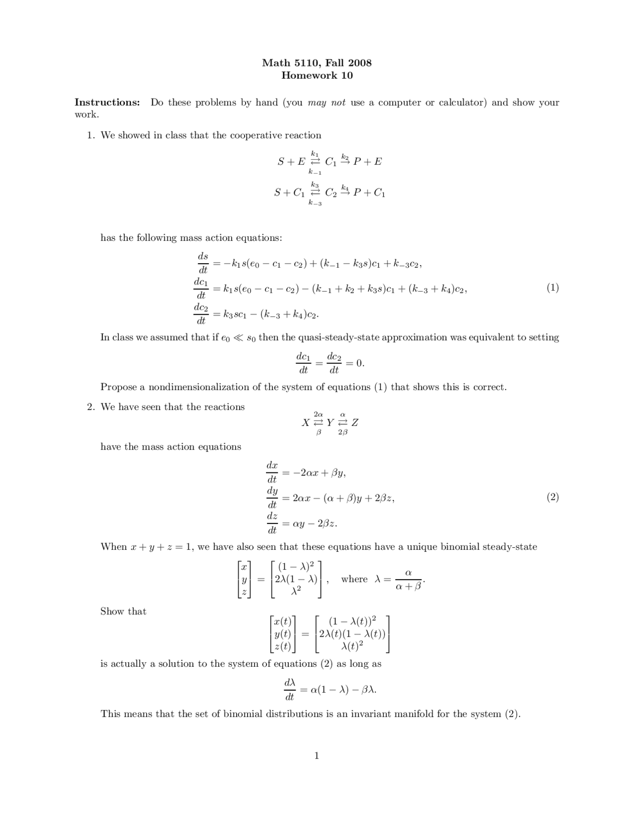 Nondimensionalization of Mass Action Equations and Invariant Manifolds | Assignments Mathematics ...