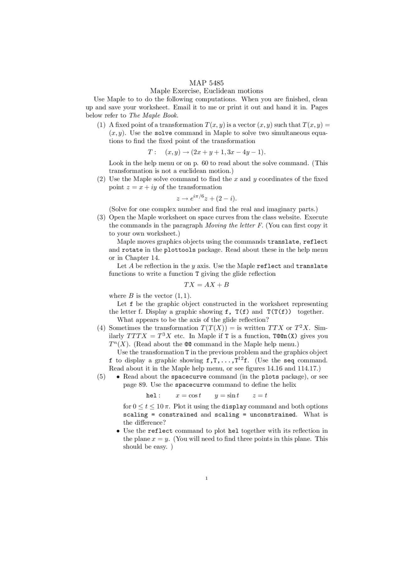 Maple Exercise Questions For Mathematics Biophysics Map 5485 Docsity