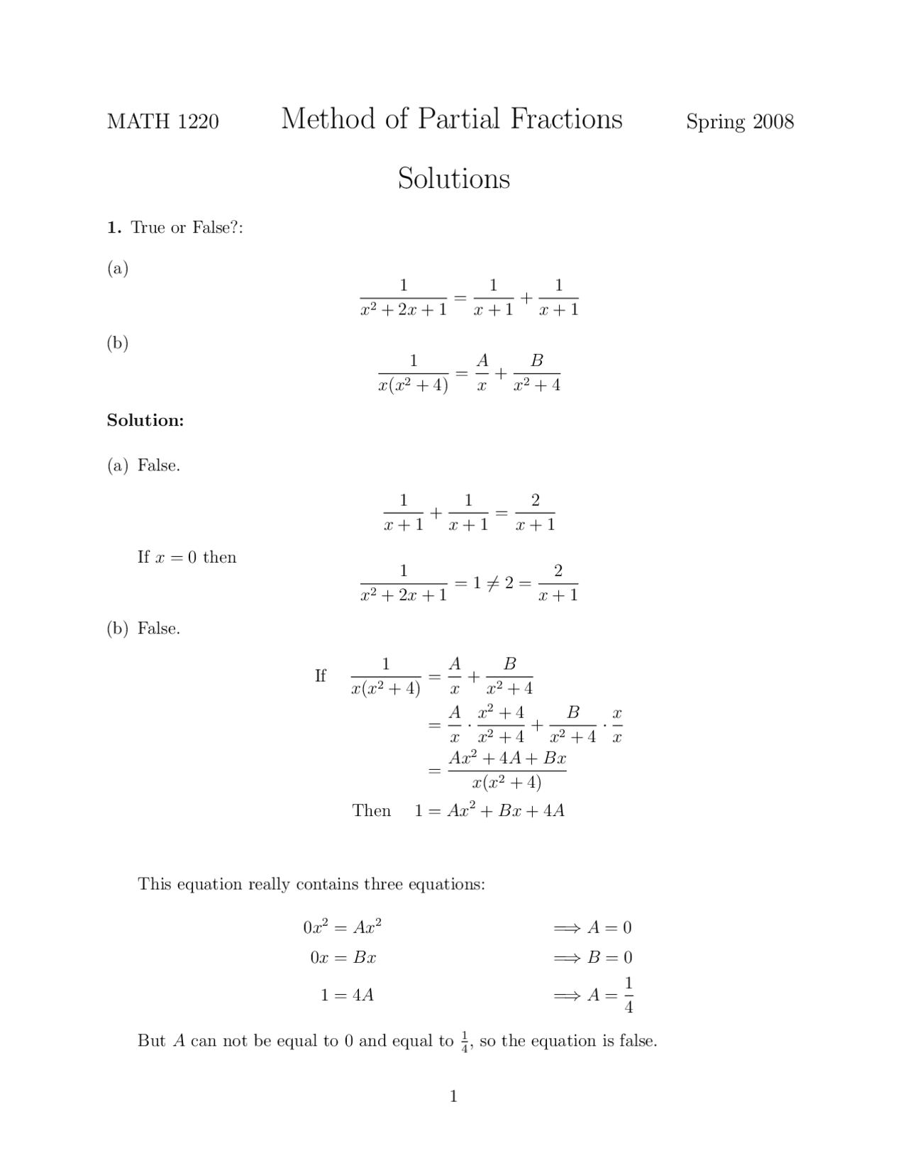 Method Of Partial Fractions Assignment With Resolution Math 1220
