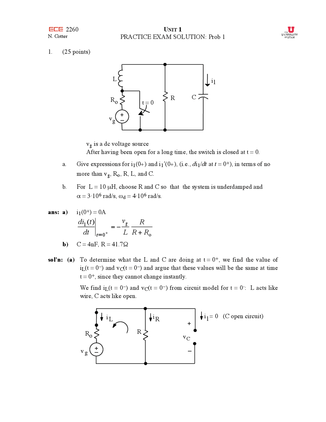 Practice Exam 1 Solutions Fundamentals Of Electric Circuits Ece