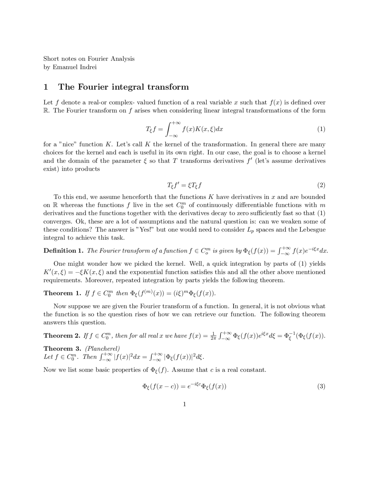 The Fourier Integral Transform - Lecture Notes | N 1 - Docsity