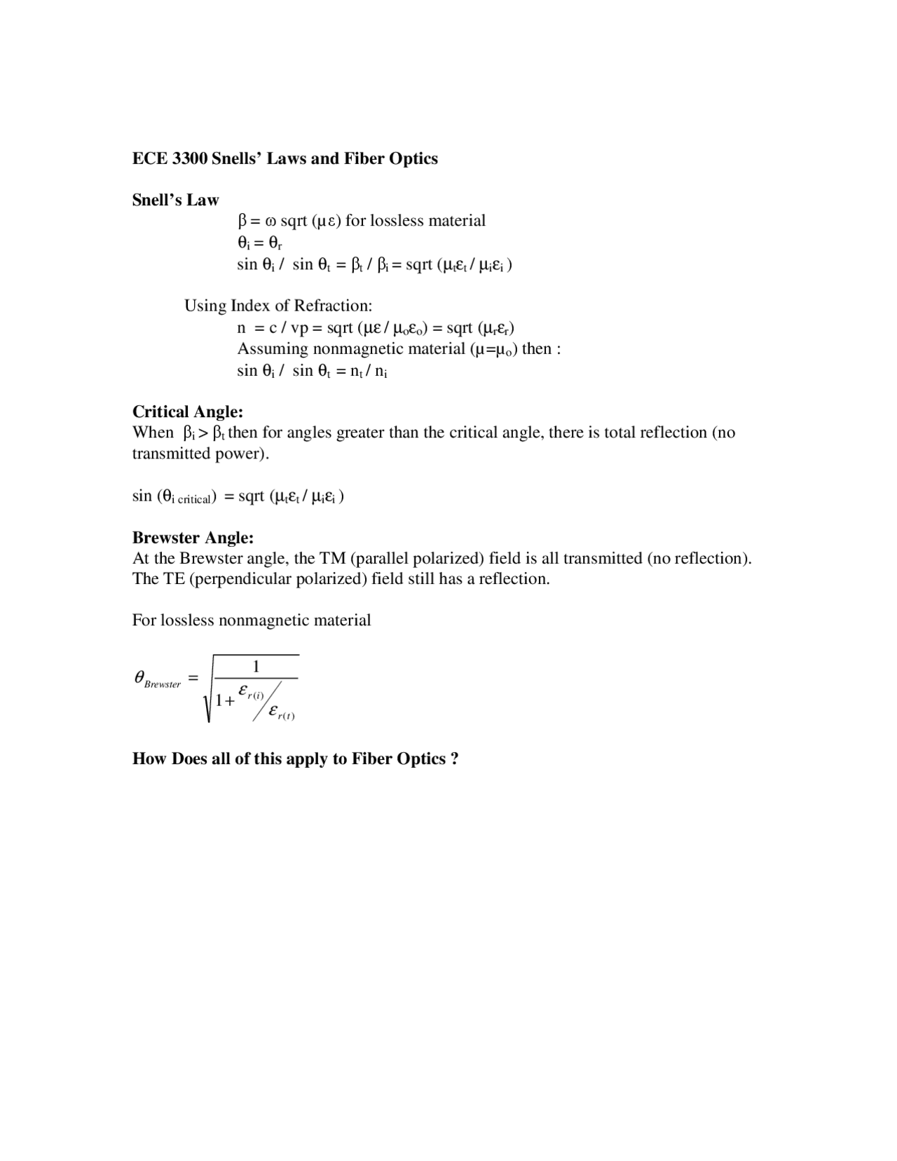 Snells Law And Fiber Optics Lecture Notes Ece 3300 Docsity