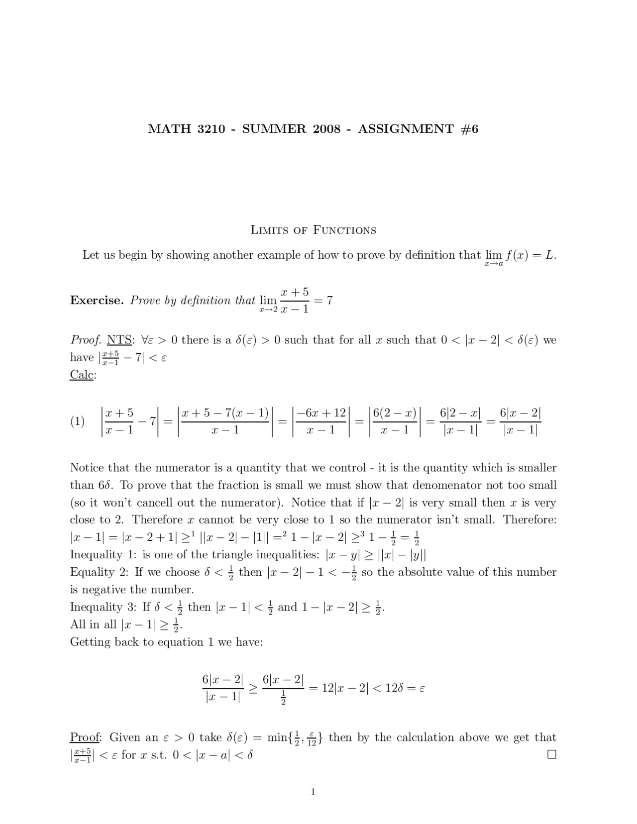 Assignment 6 Solved Fundamentals Of Analysis I Math 3210 Assignments Mathematics Docsity