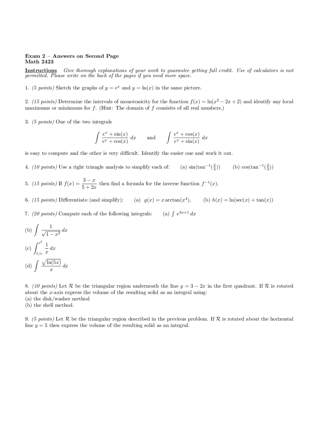 Exam 2 Questions With Solutions Calculus And Analytical Geometry Ii