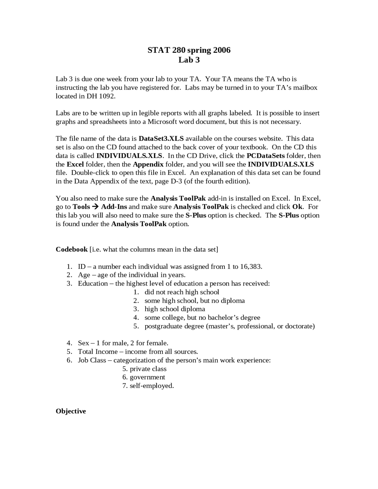Lab 3 Questions Elementary Applied Statistics Stat 280 Docsity