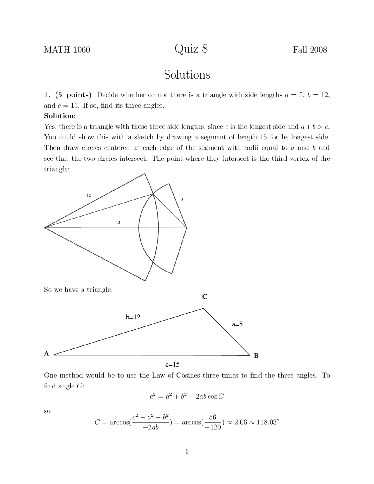 Quiz 8 With Solutions For Trigonometry Math 1060 Docsity