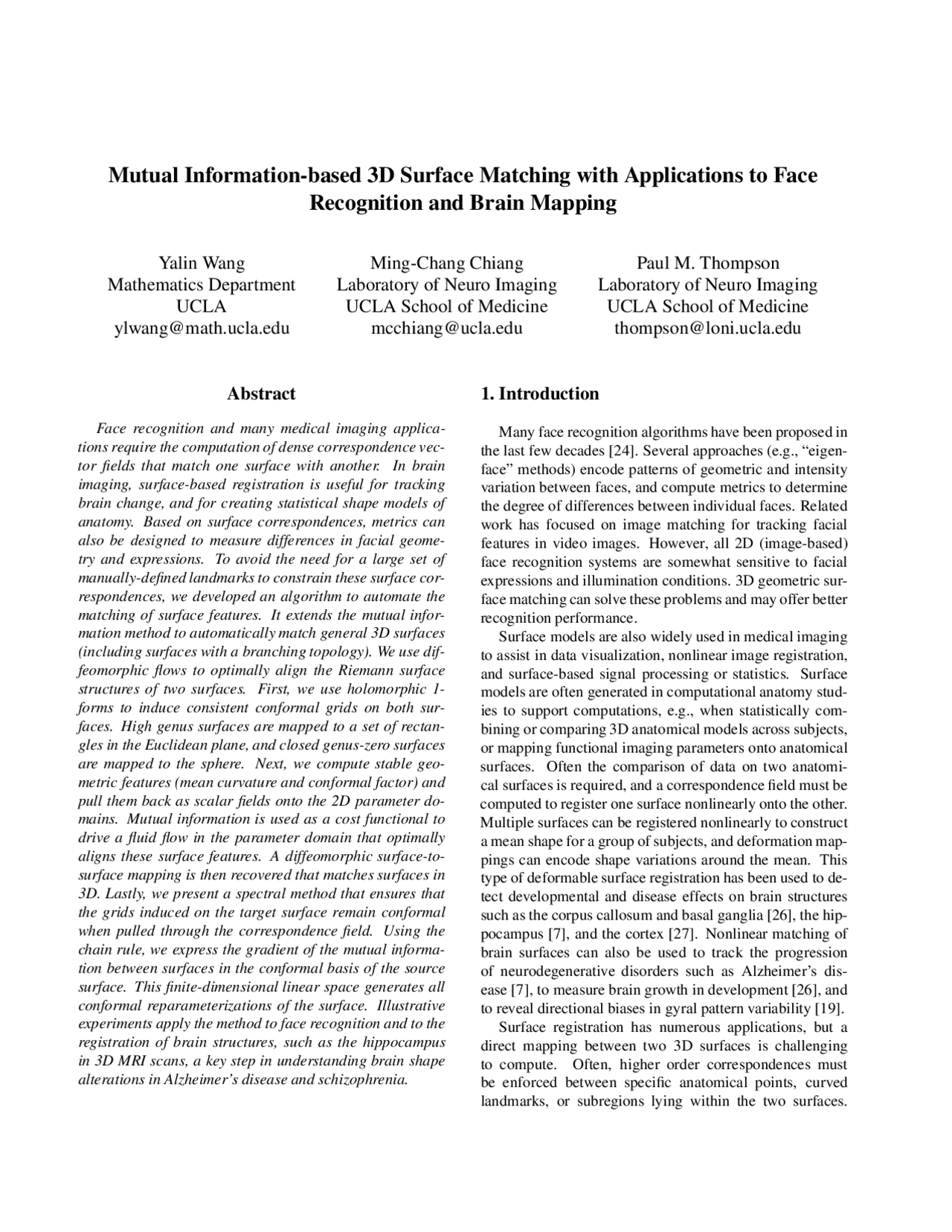 Mutual Information-based 3D Surface Matching with Applications to Face Recognition and Brain ...